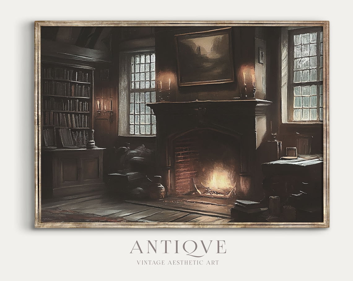 Moody Cottage Cozy Living Room With Fireplace Dark Vintage Bookish ...