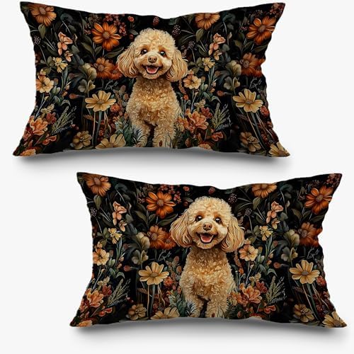 Moody Floral Poodle Pillow Covers 12x20 Set of 2, Poodle Gifts, Dark ...