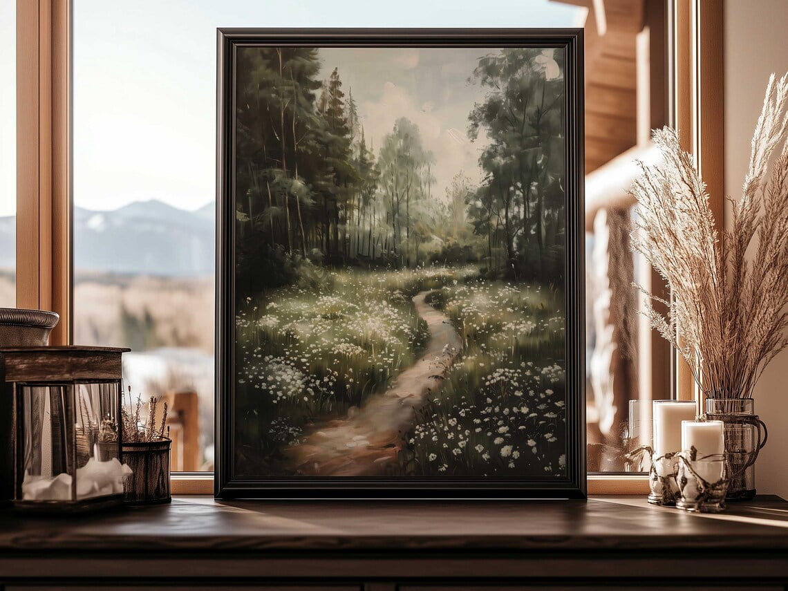 Moody Forest Path Print, Wildflower Meadow Landscape 3582 UNFRAMED ...