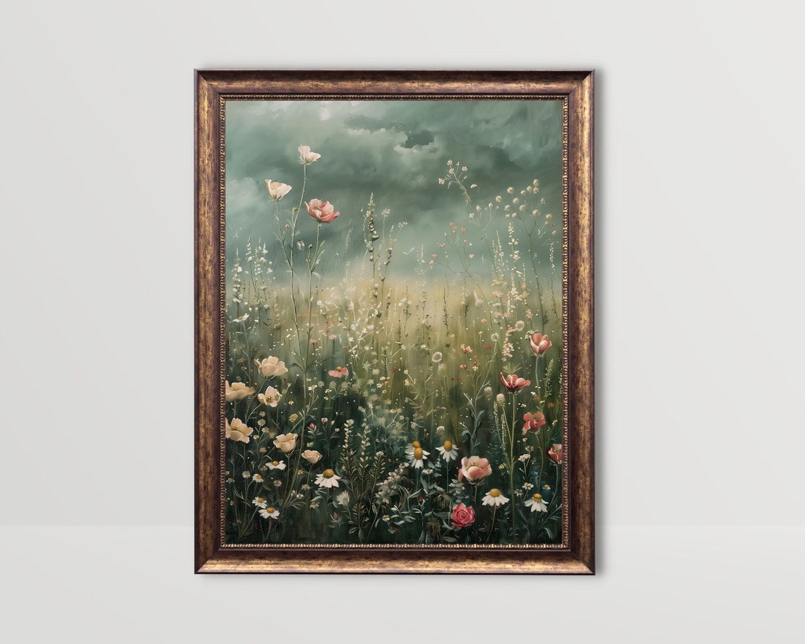 Moody Meadow, Wildflower Field Art, Vintage Landscape Dark Green Wall ...