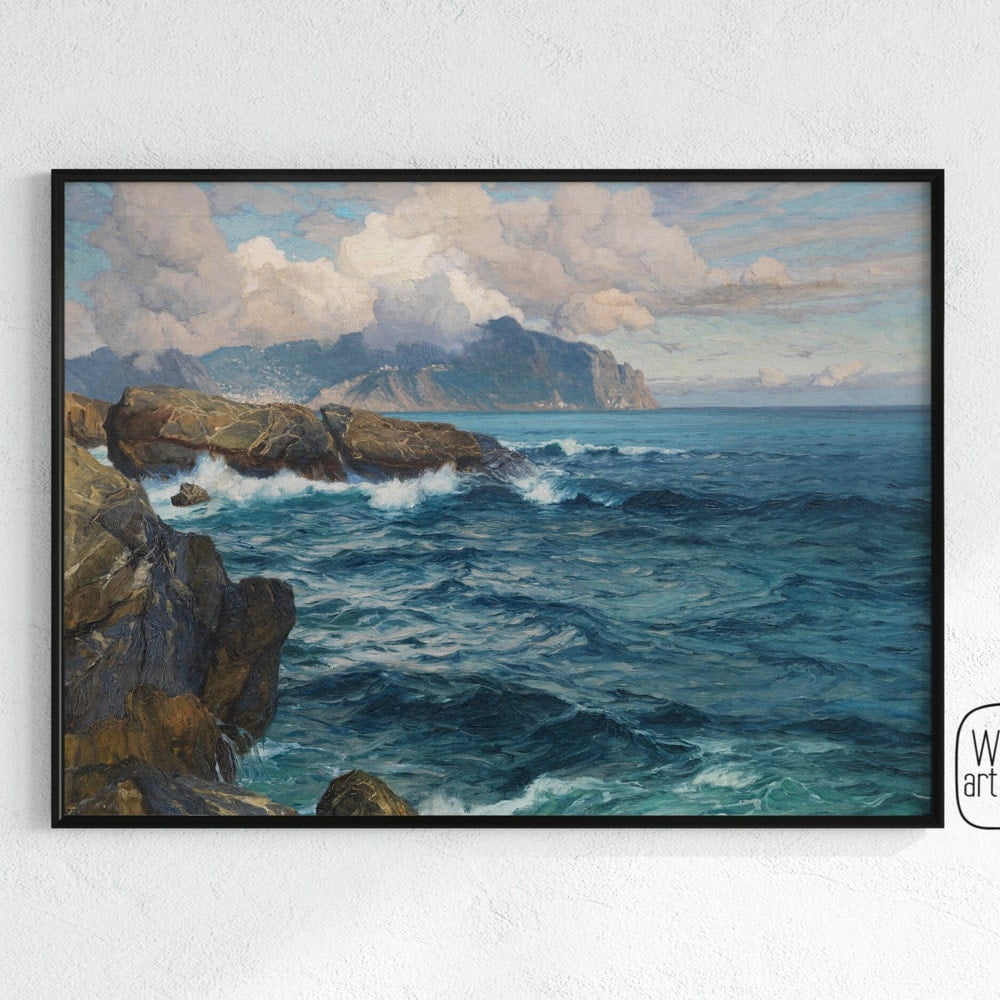 Moody Ocean Waves And Seaside Cliffs, Download Ocean Painting, Nautical ...