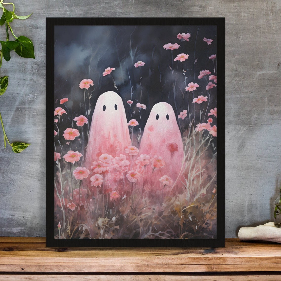Moody Pink Flowers And Ghosts Painting, Cottagecore Wildflowers Ghost ...