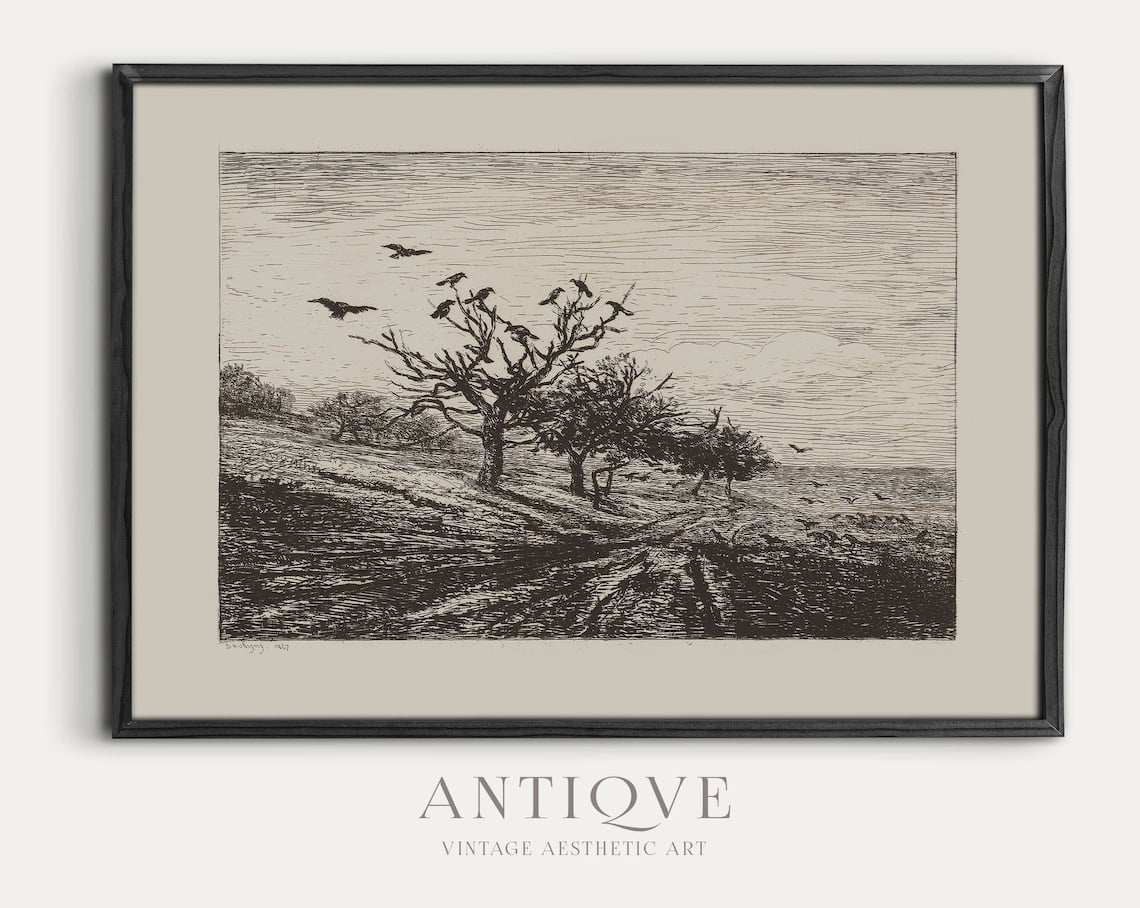 Moody Sketch Of Crows Flying Over Trees, Pen Sketch Vintage Art ...