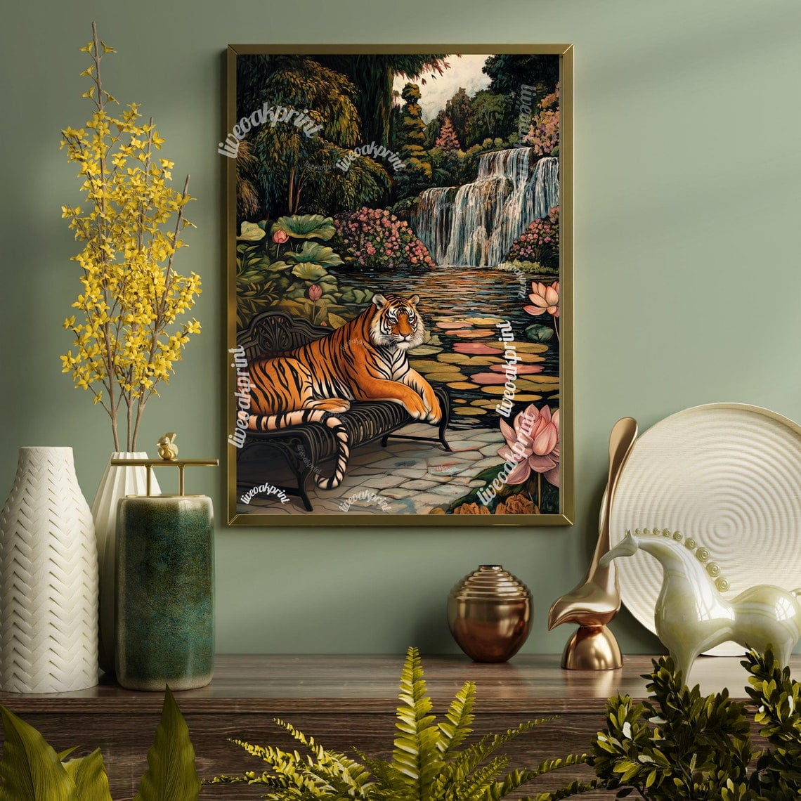 Moody Tiger In An English Garden - Lily Pond Wall Art - Boho Wall Decor - Tiger Wall Art - Moody ...