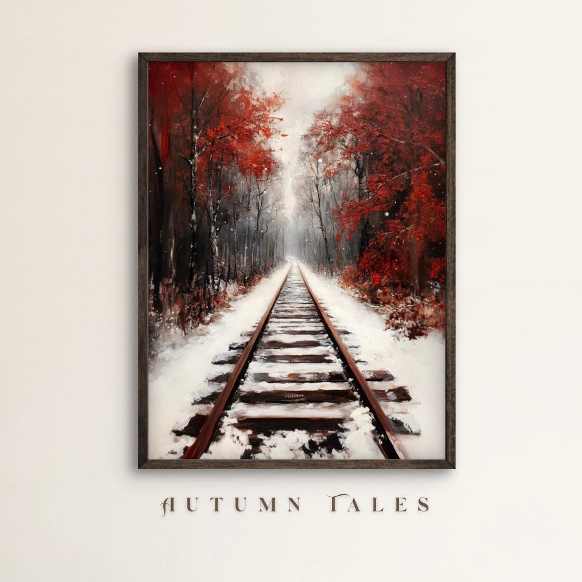Moody Train Track In Winter Forest Poster, Burgundy Trees Snowy ...