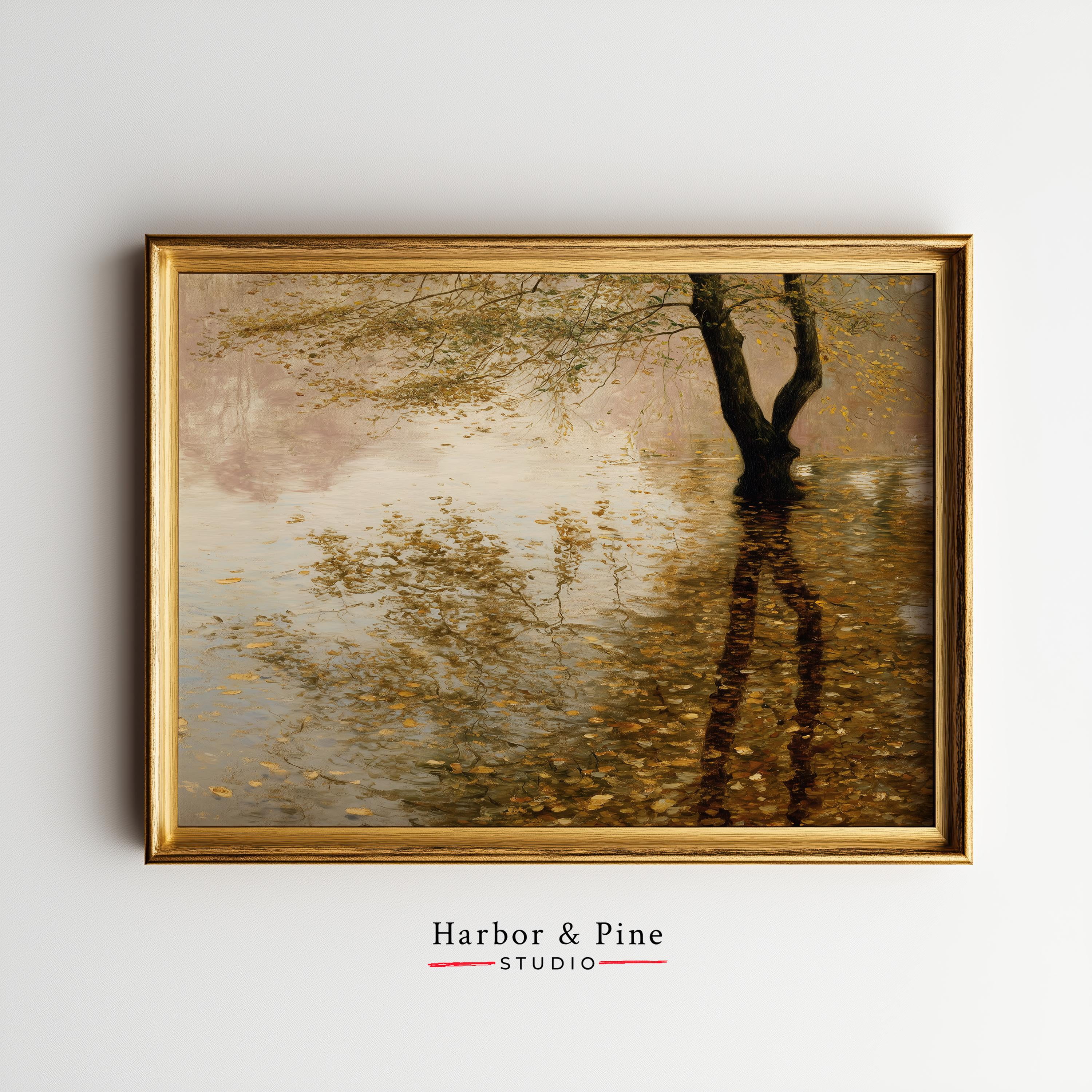 Moody Tree Reflection In Pond Vignette - Serene Landscape Art, Rustic ...