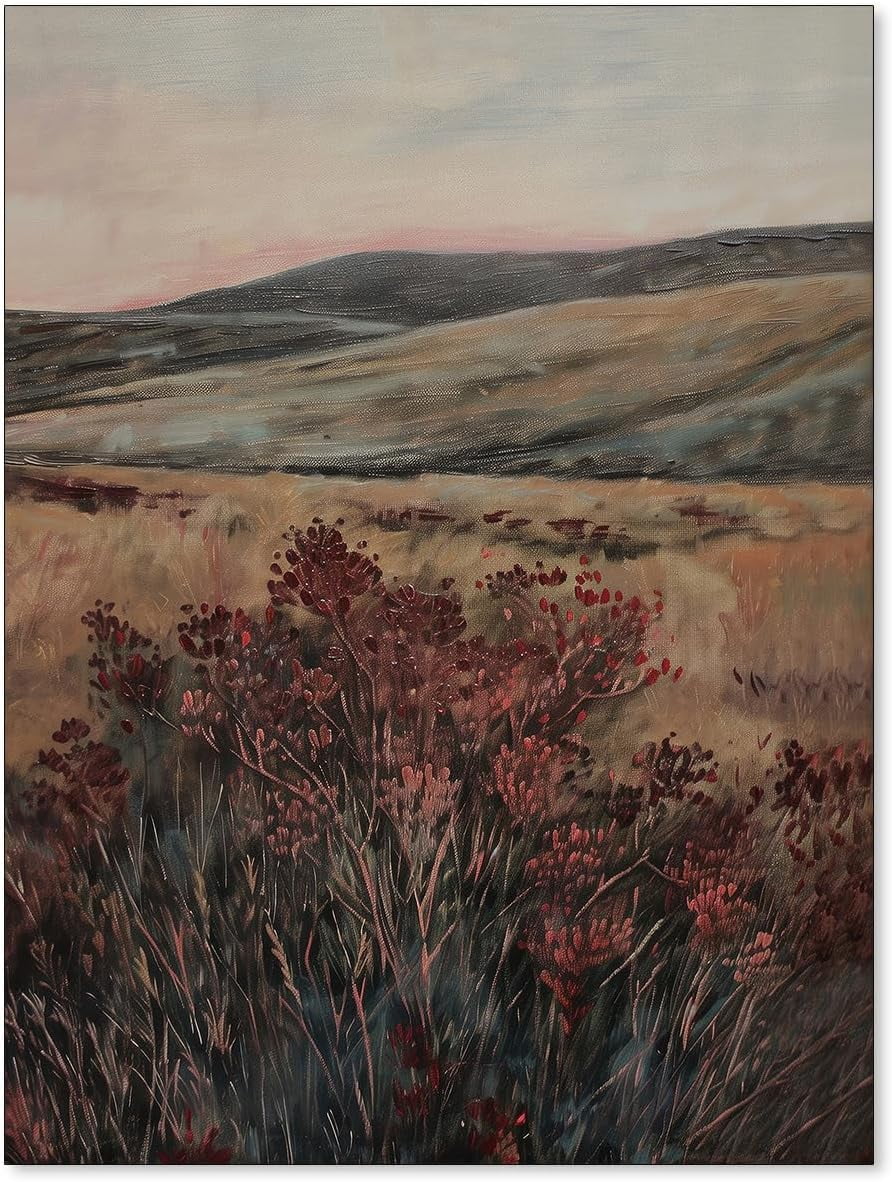 Moody Vintage Landscape Poster Dark Maroon Wildflower Wall Art Red ...