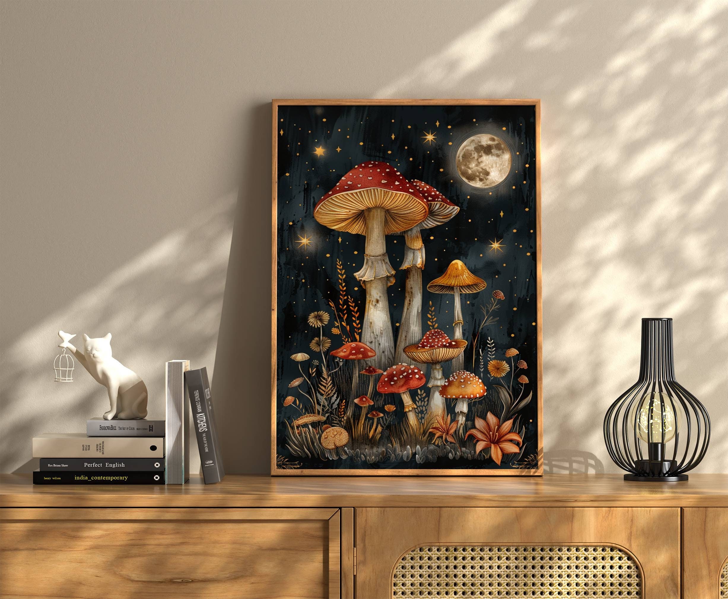 Moody Wall Art, Moon And Mushrooms Wall Art, Dark Cottagecore, Dark ...