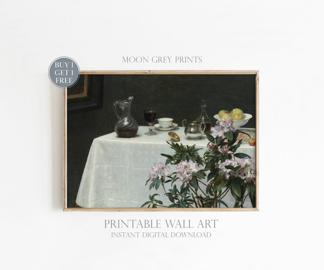 Moody Wall Art, Still Life Vintage Oil Painting, White Tablecloth With ...