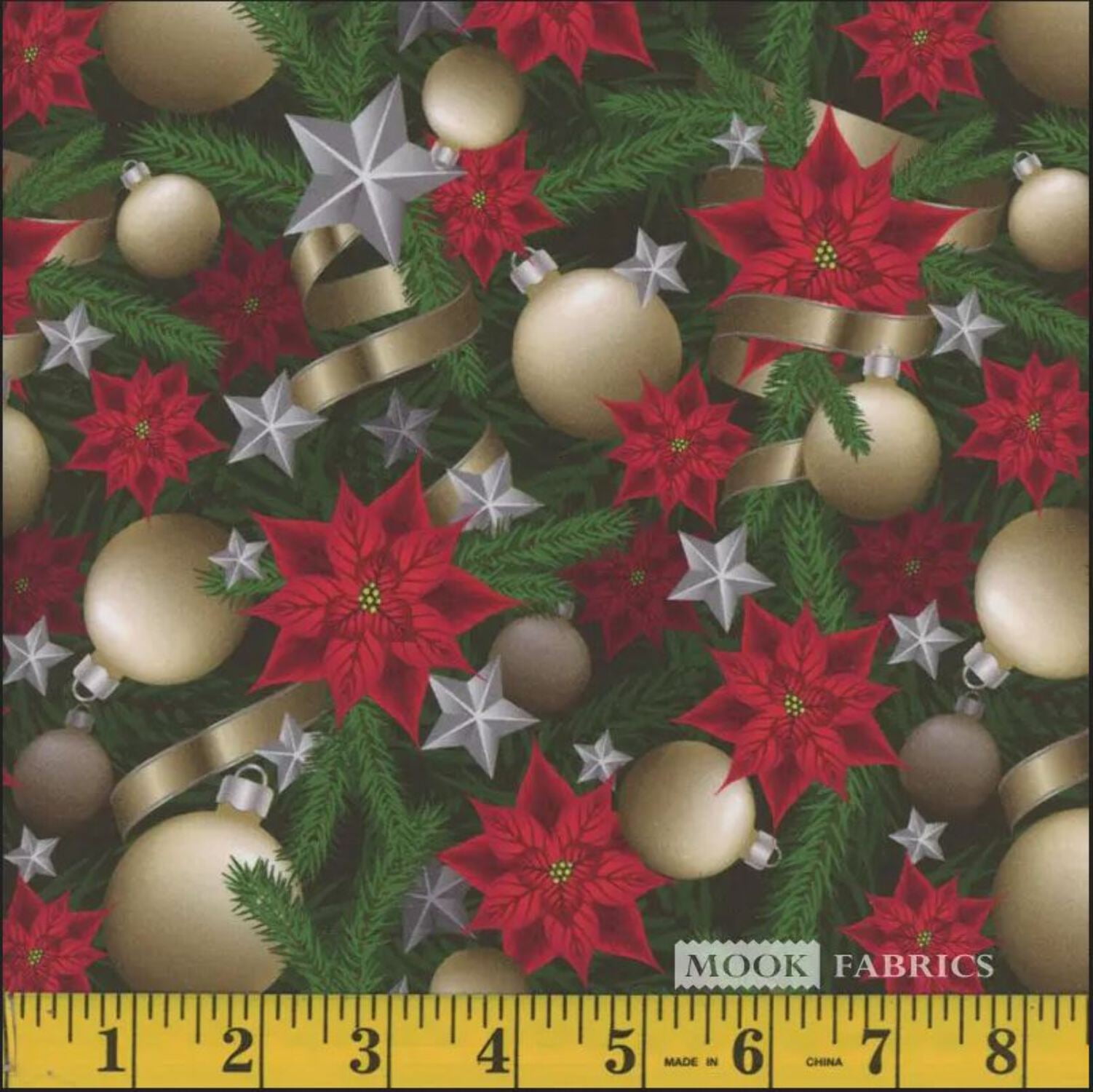Mook Fabrics 44 x 36 100% Cotton Gold Ornaments and Ribbons Christmas ...