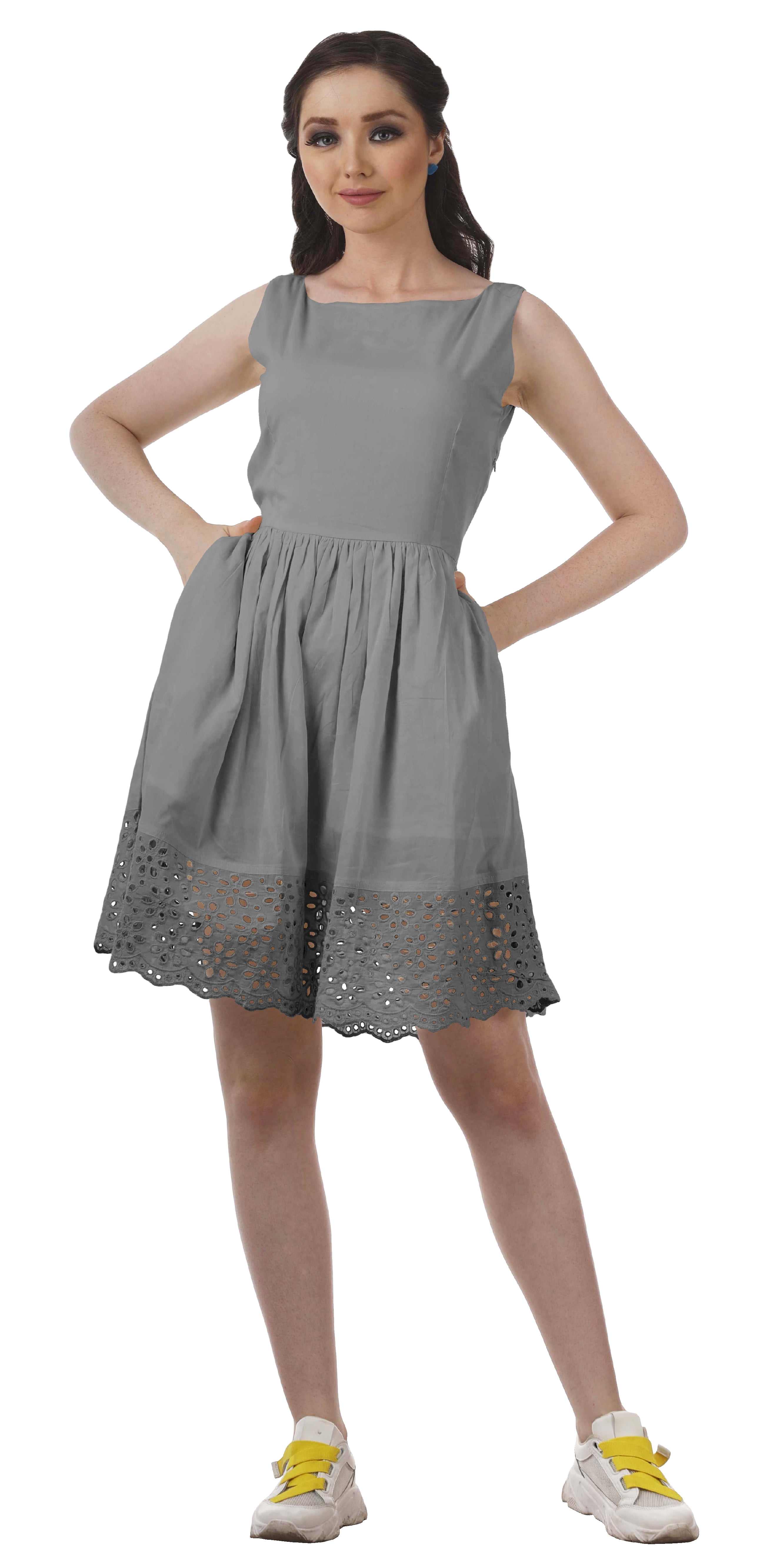 Moomaya Boat Neck Sleeveless Pouf Dress Lace Cocktail Mini Dress With ...