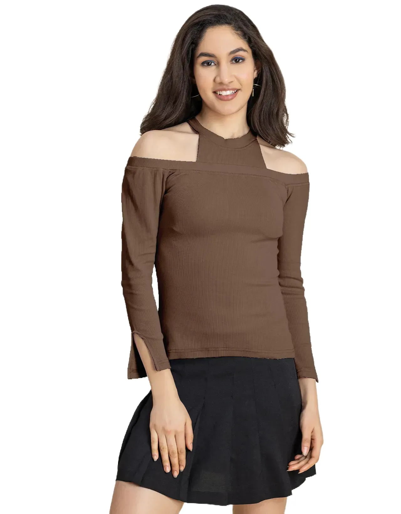 Moomaya Casuals, Cold Shoulder Solid Top, Long Sleeves Fitted Knit Tops ...