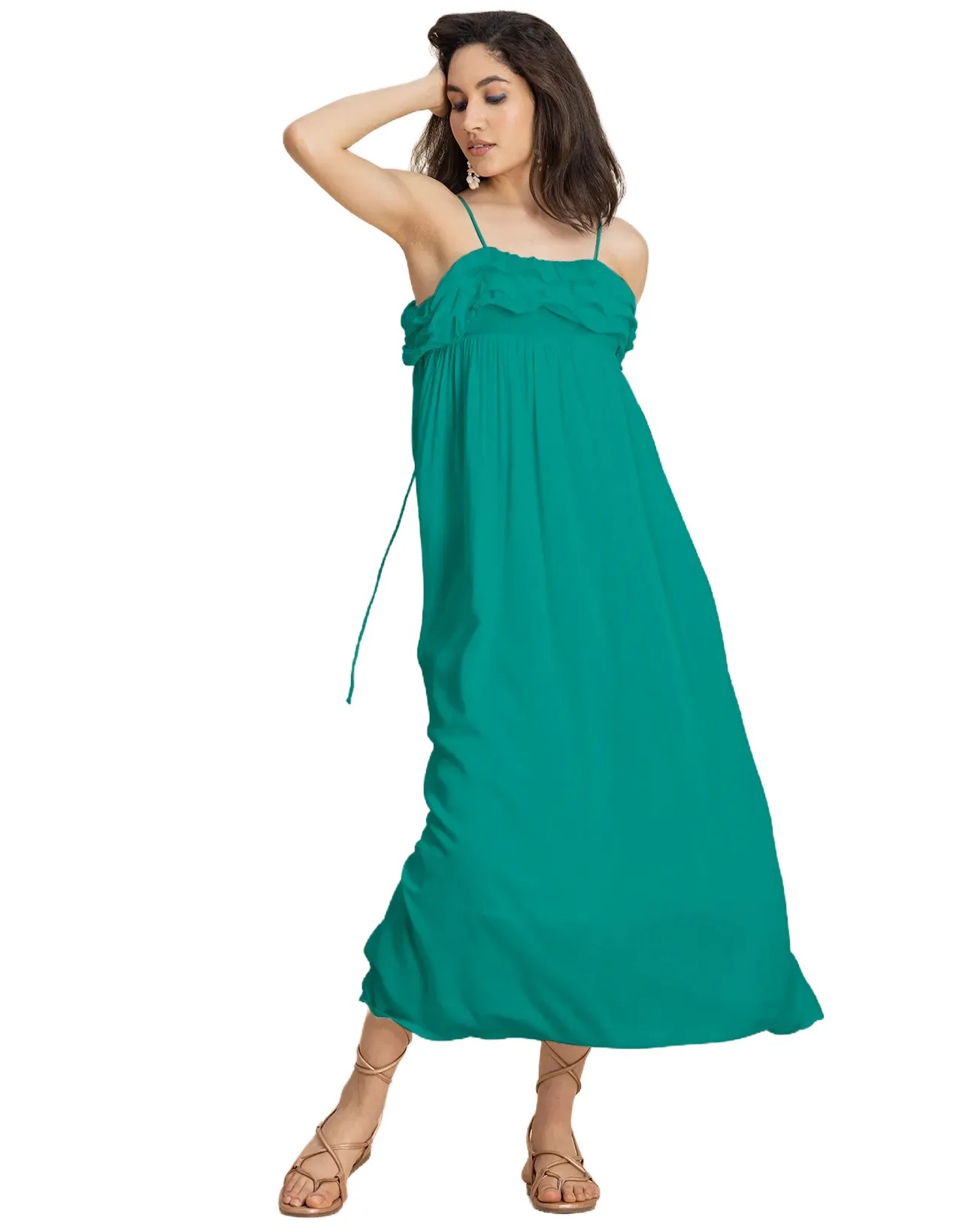 Moomaya Chic Frill Summer Dress For Women, Strappy Solid Maxi, Vacation ...