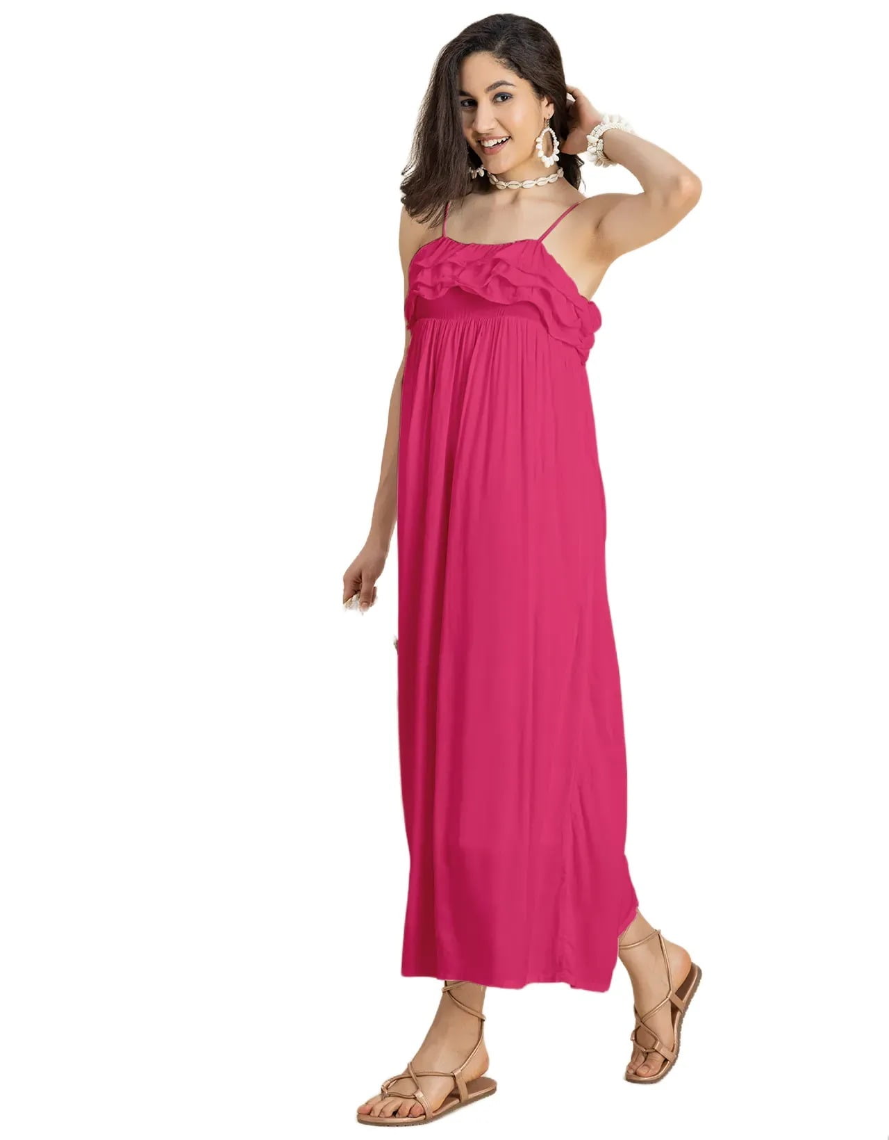 Moomaya Chic Frill Summer Dress For Women, Strappy Solid Maxi, Vacation ...