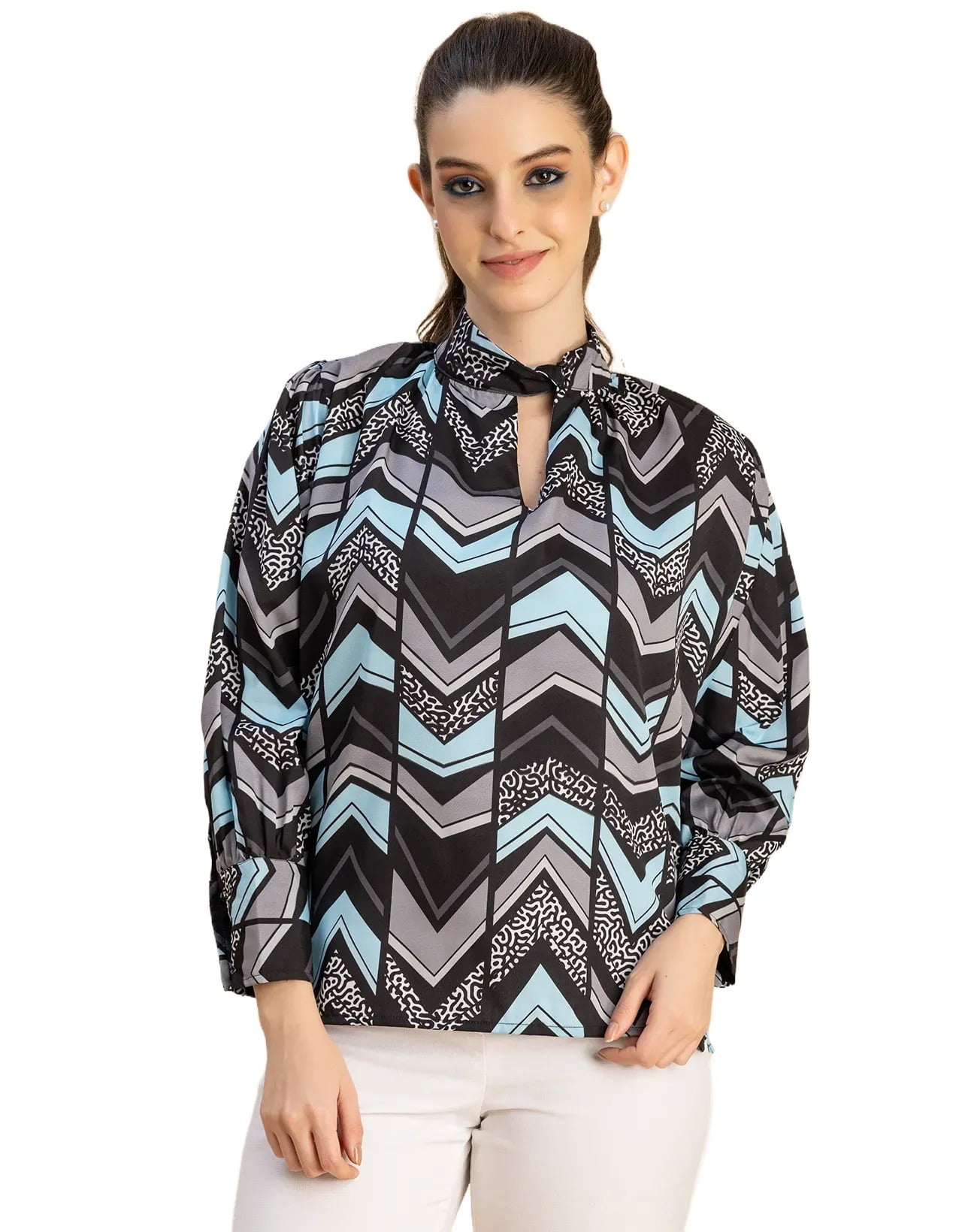 Moomaya Chic Stripe Folded Band Neck Top - Long Sleeves, Regular Fit ...