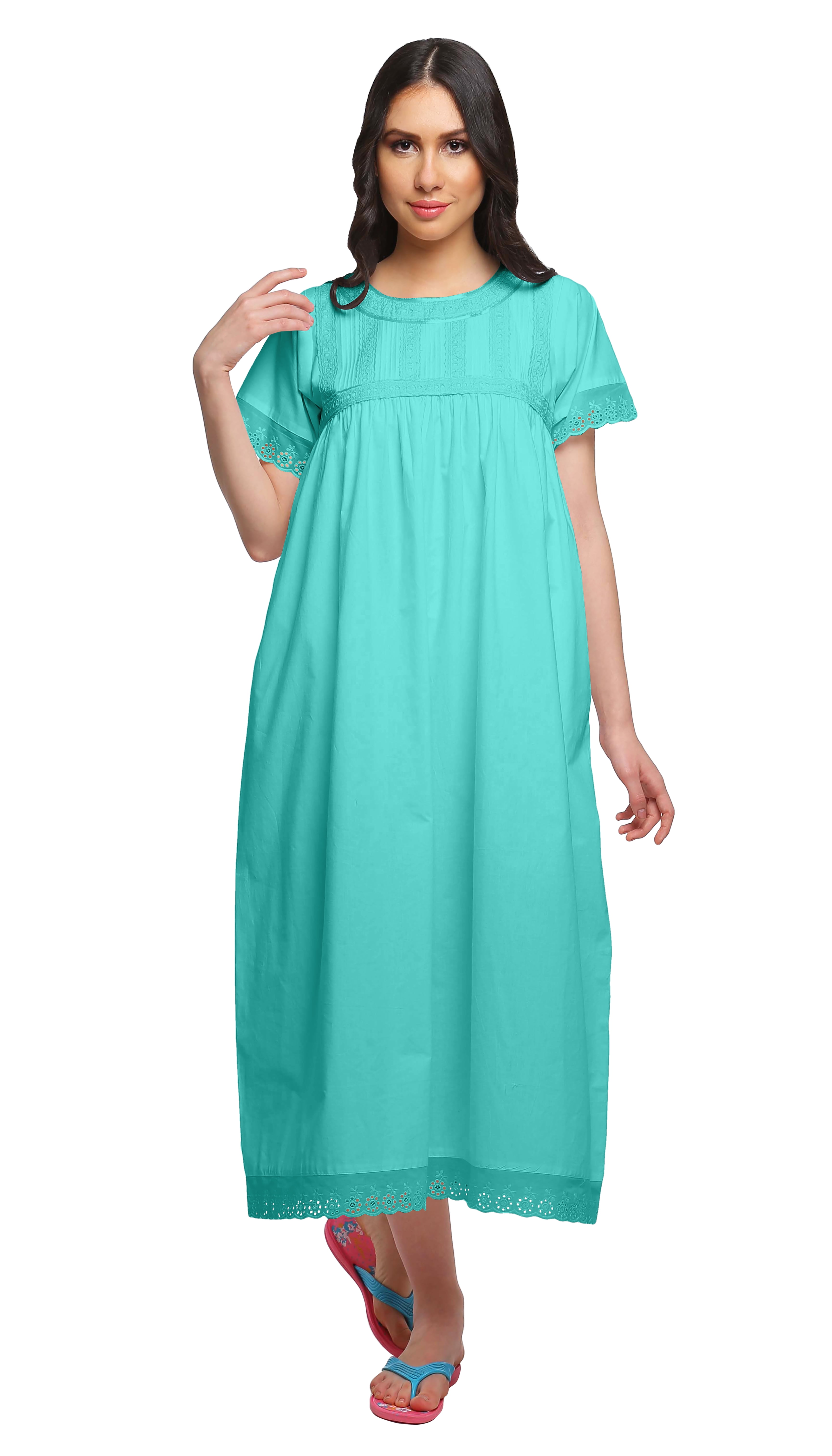 Moomaya Cotton Solid A-Line Nightdress Short Sleeve Lace Cotton ...