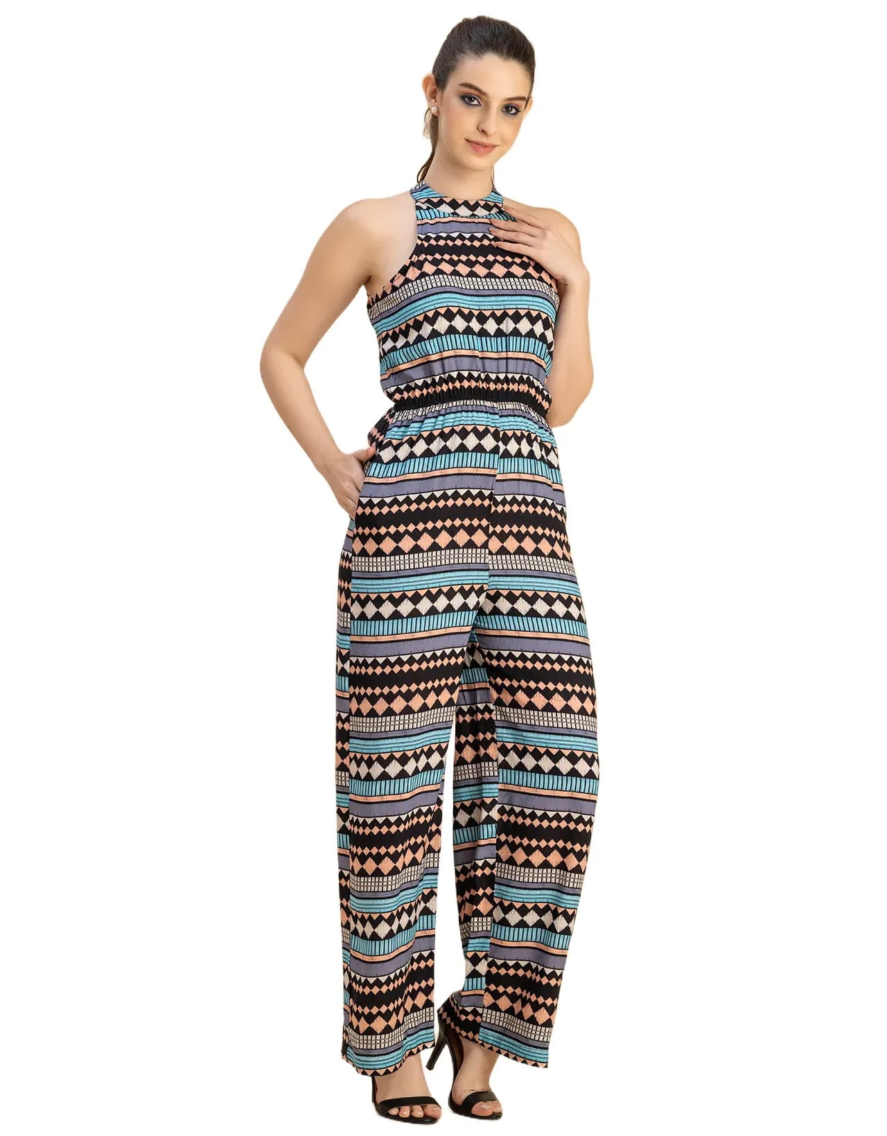 Moomaya Halter Neck Full Leg Printed Rayon Jumpsuit - Women's Summer ...