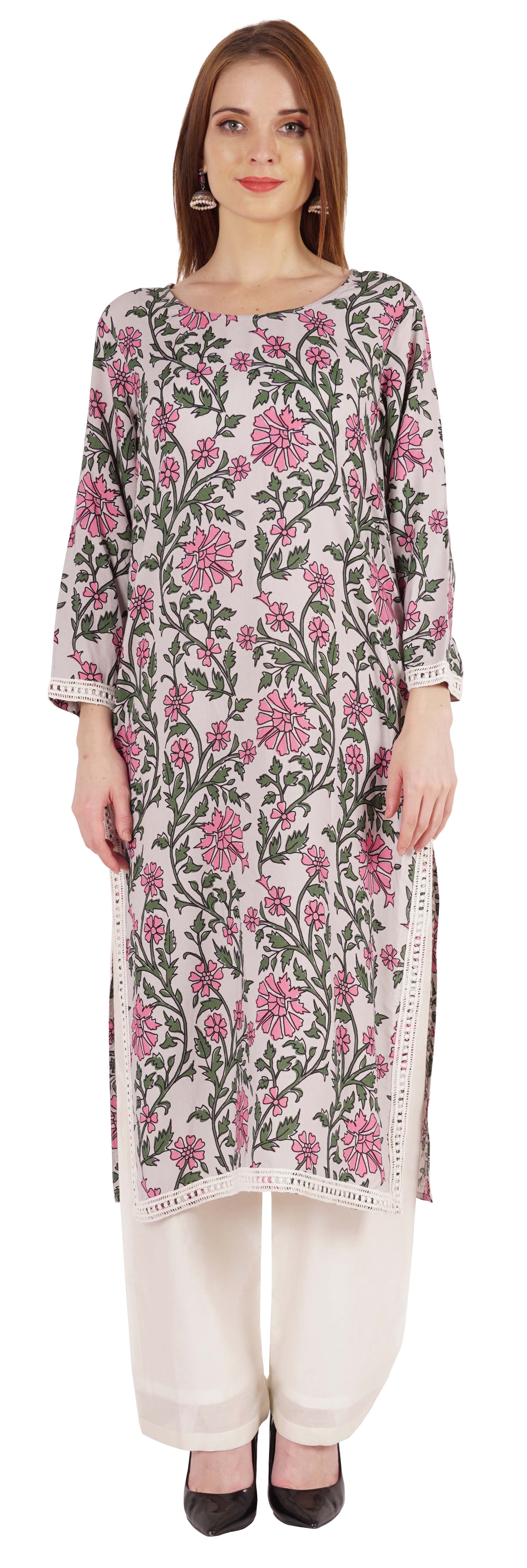 Moomaya Indian Rayon Kurta For Women Printed A-Line Kurti Lace Designer ...