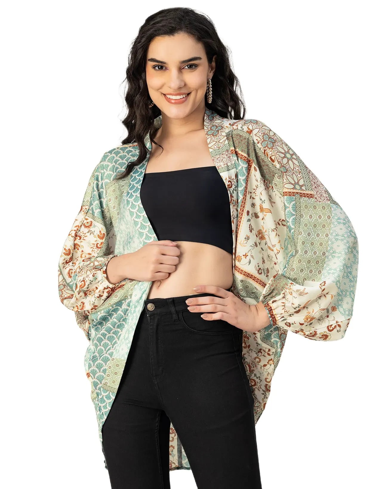 Moomaya Long Sleeves V Neck Boxy Printed Shrug - Women's Boho Printed ...