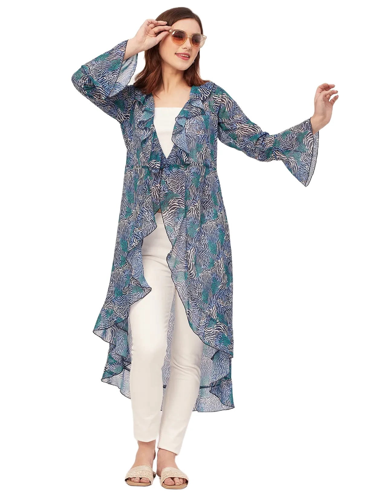 Moomaya Long Sleeves V Neck Ruffle Printed Shrug - Women's Stylish ...