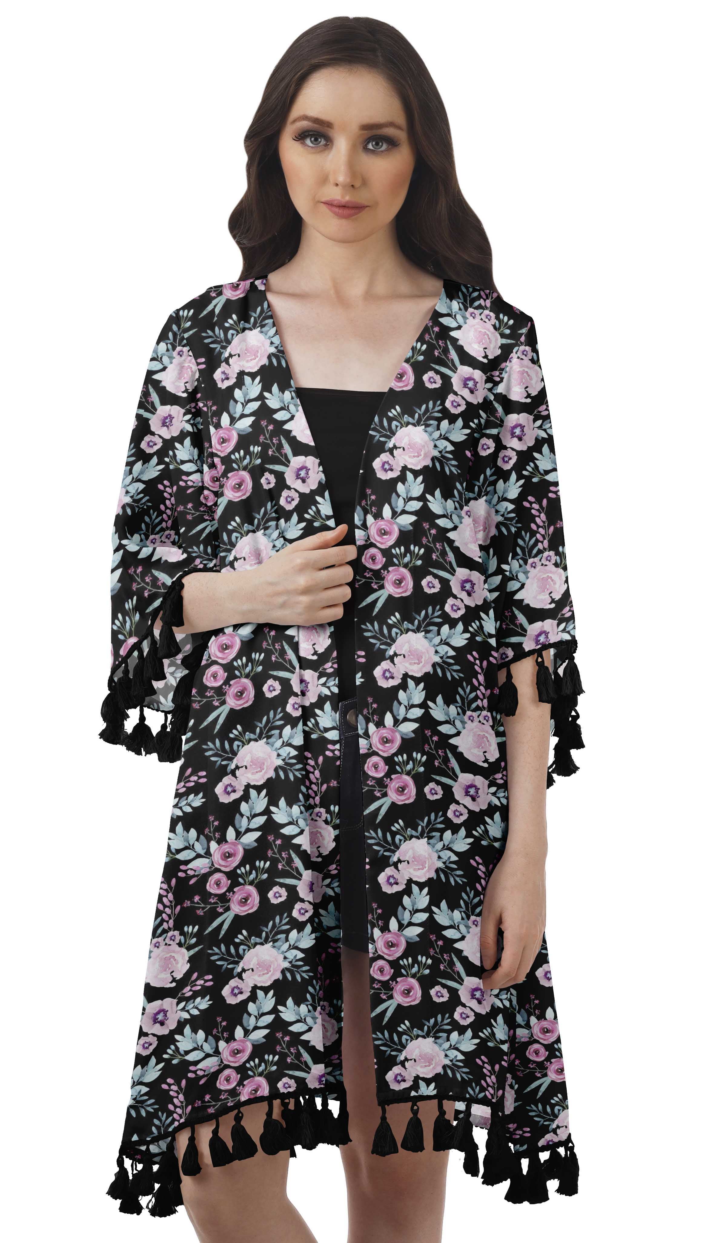 Moomaya Printed Beach Clothes For Women Fringes Shrug Swim Cover Up ...