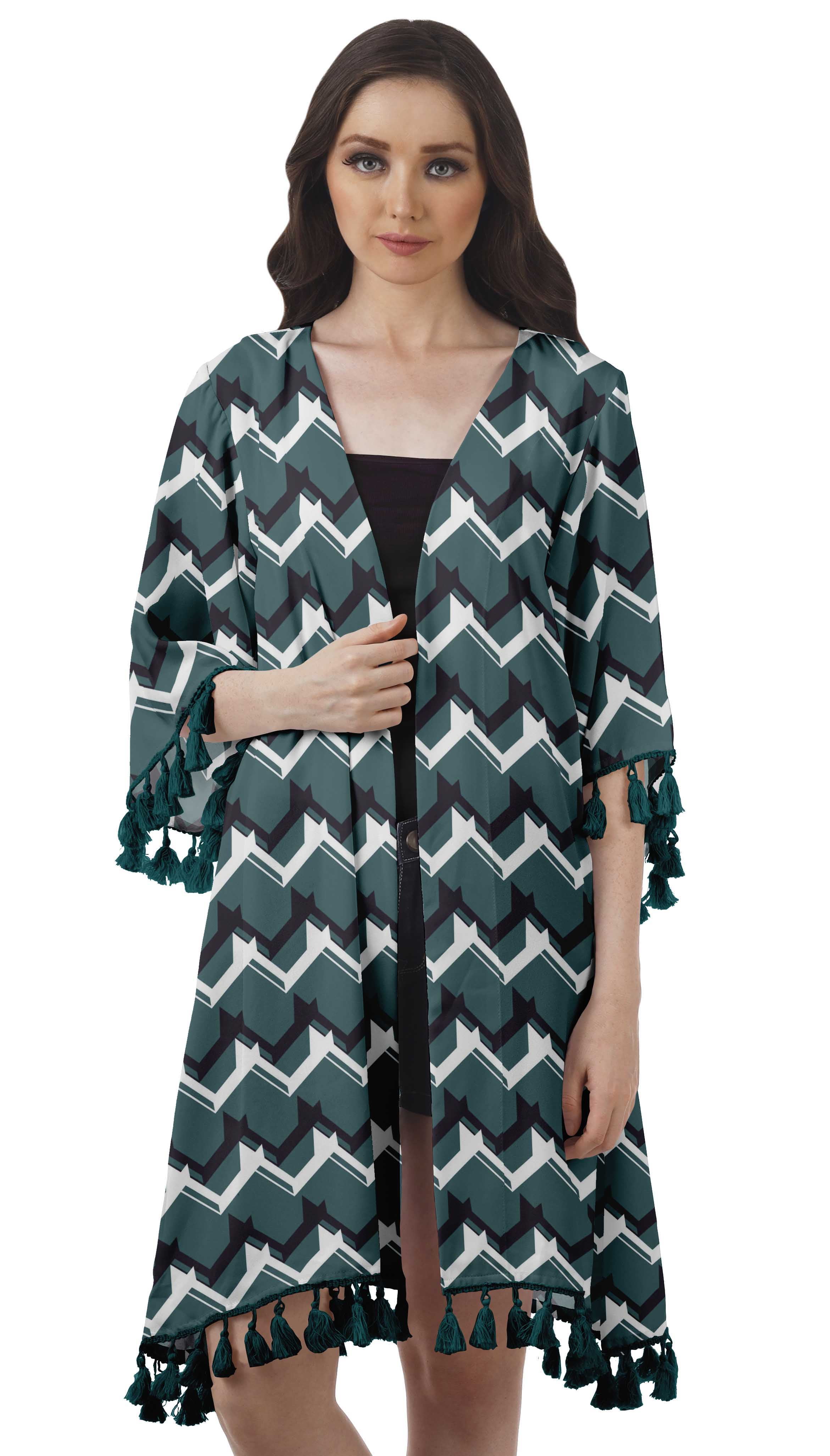 Moomaya Printed Beach Clothes For Women Fringes Shrug Swim Cover Up ...