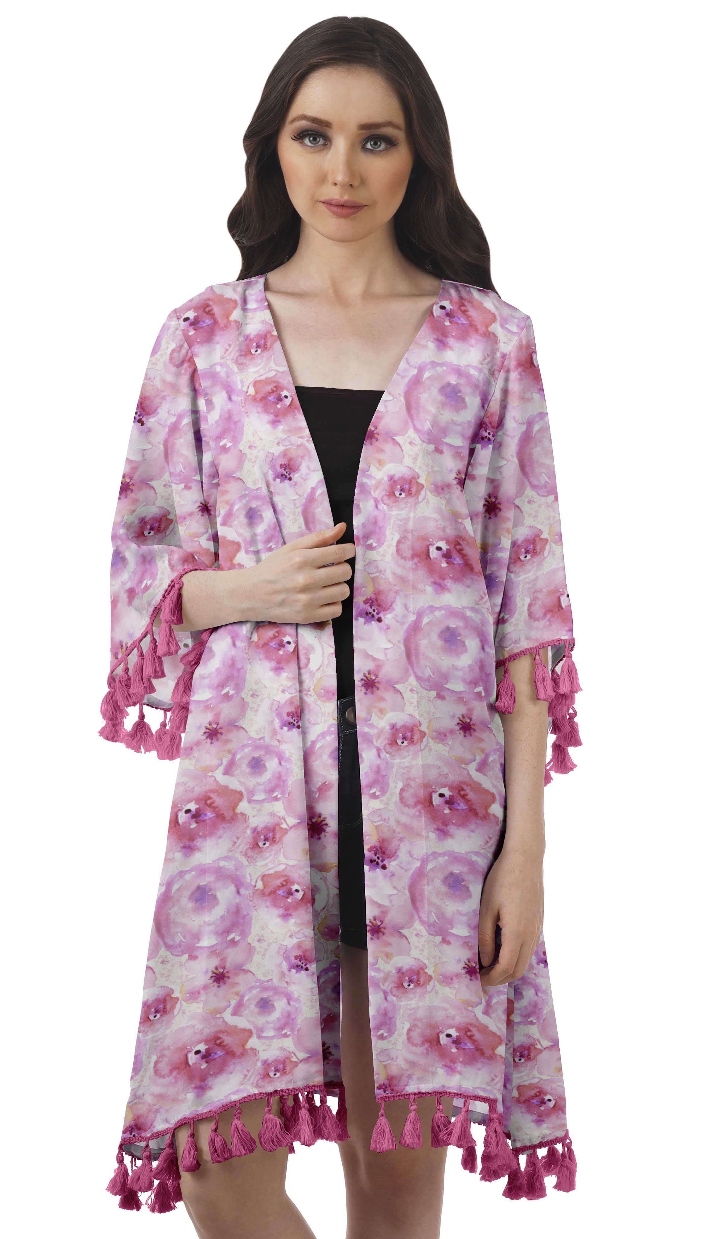 Moomaya Printed Beach Clothes For Women Fringes Shrug Swim Cover Up ...