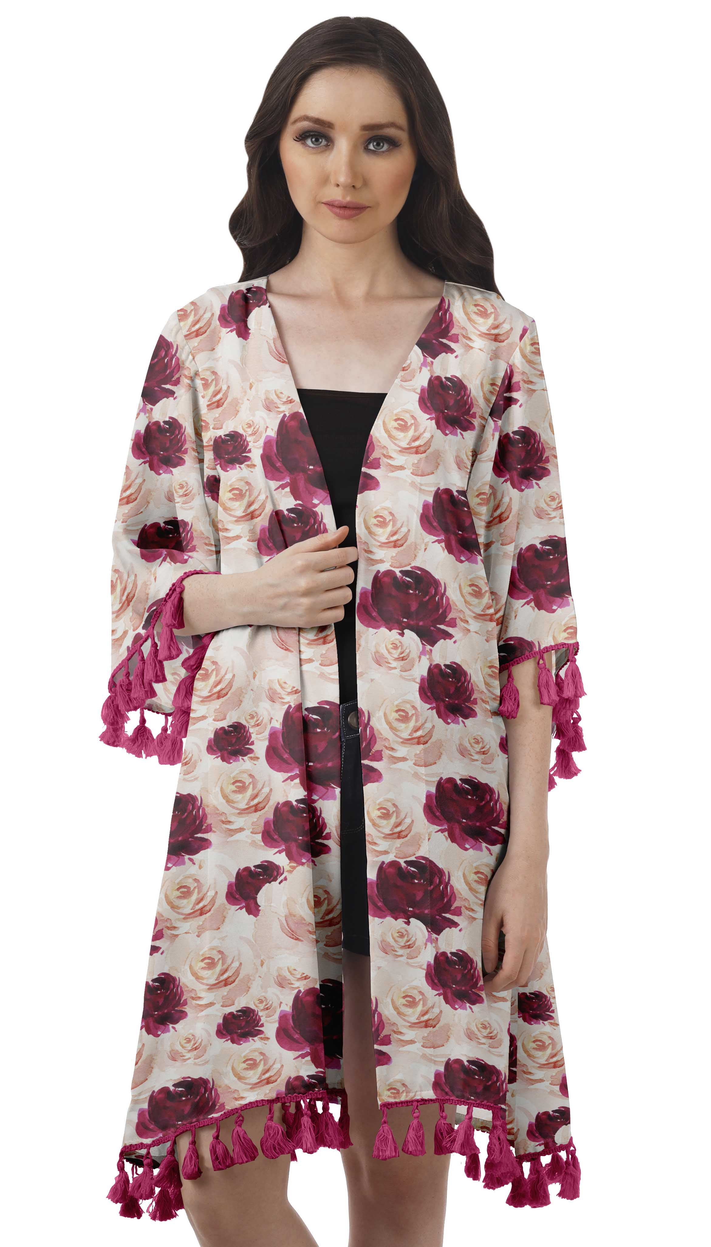 Moomaya Printed Beach Clothes For Women Fringes Shrug Swim Cover Up ...