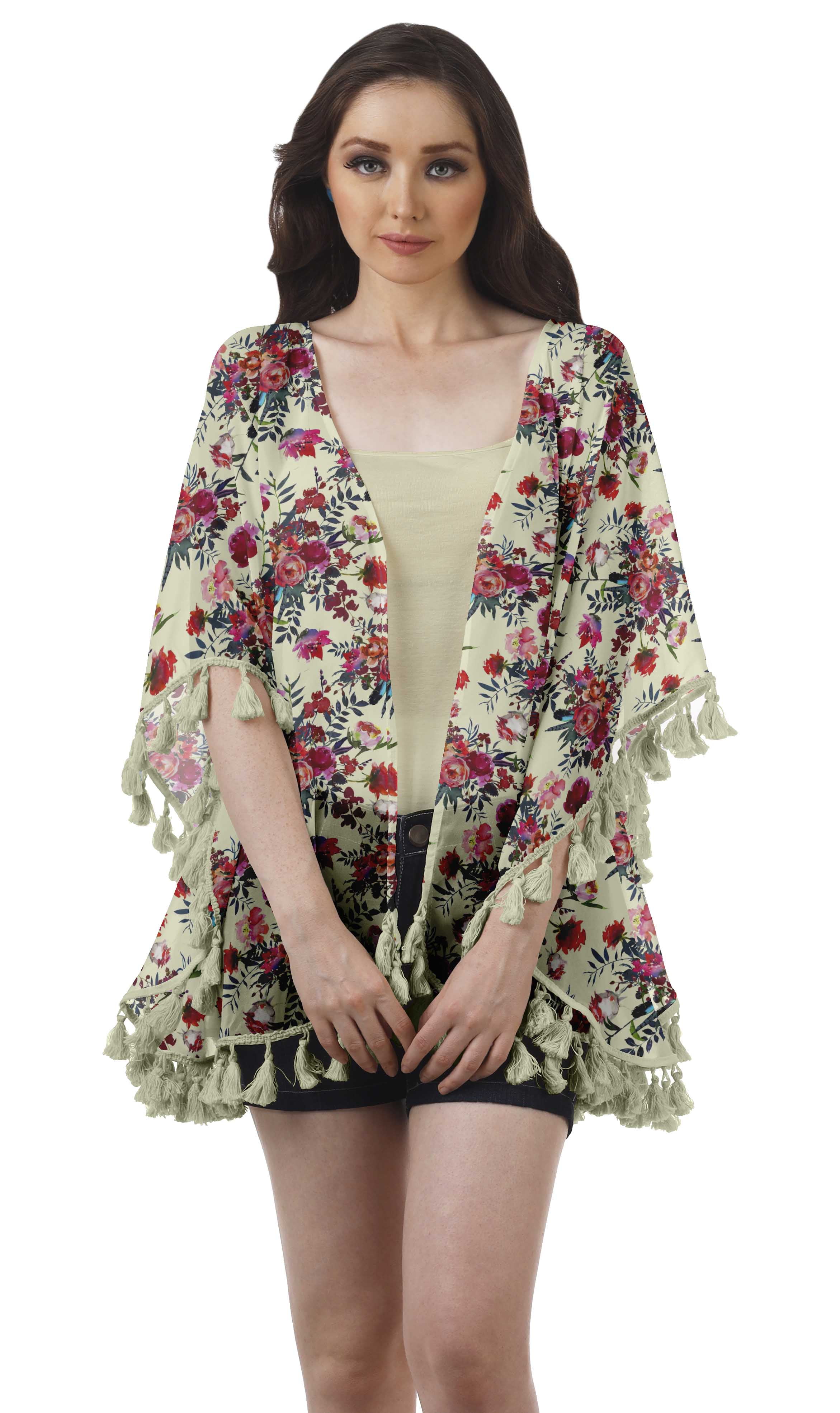 Moomaya Printed Beach Clothes For Women Tassel Shrug Swim Cover Up ...
