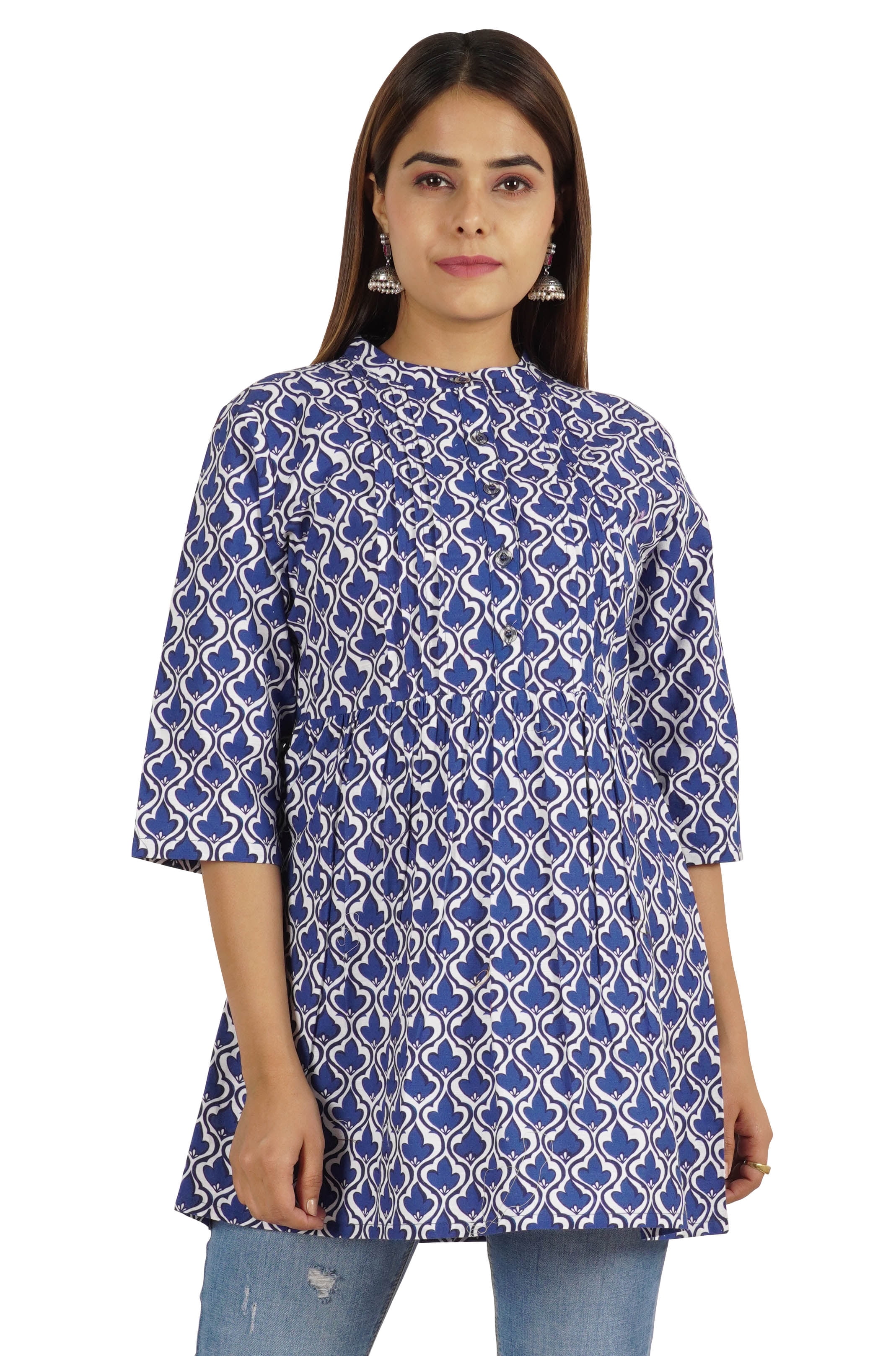 Moomaya Printed Cotton Tunic Top For WoMen's Mandarin Collar Ethnic ...
