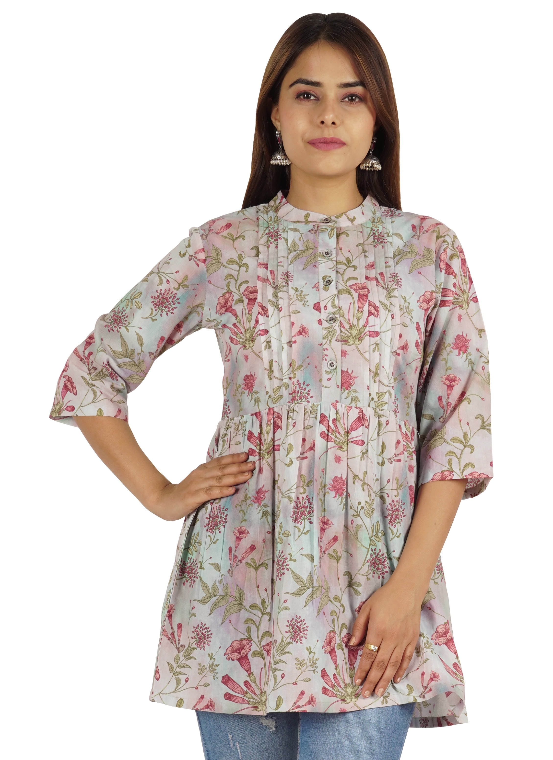Moomaya Printed Cotton Tunic Top For WoMen's Mandarin Collar Ethnic ...