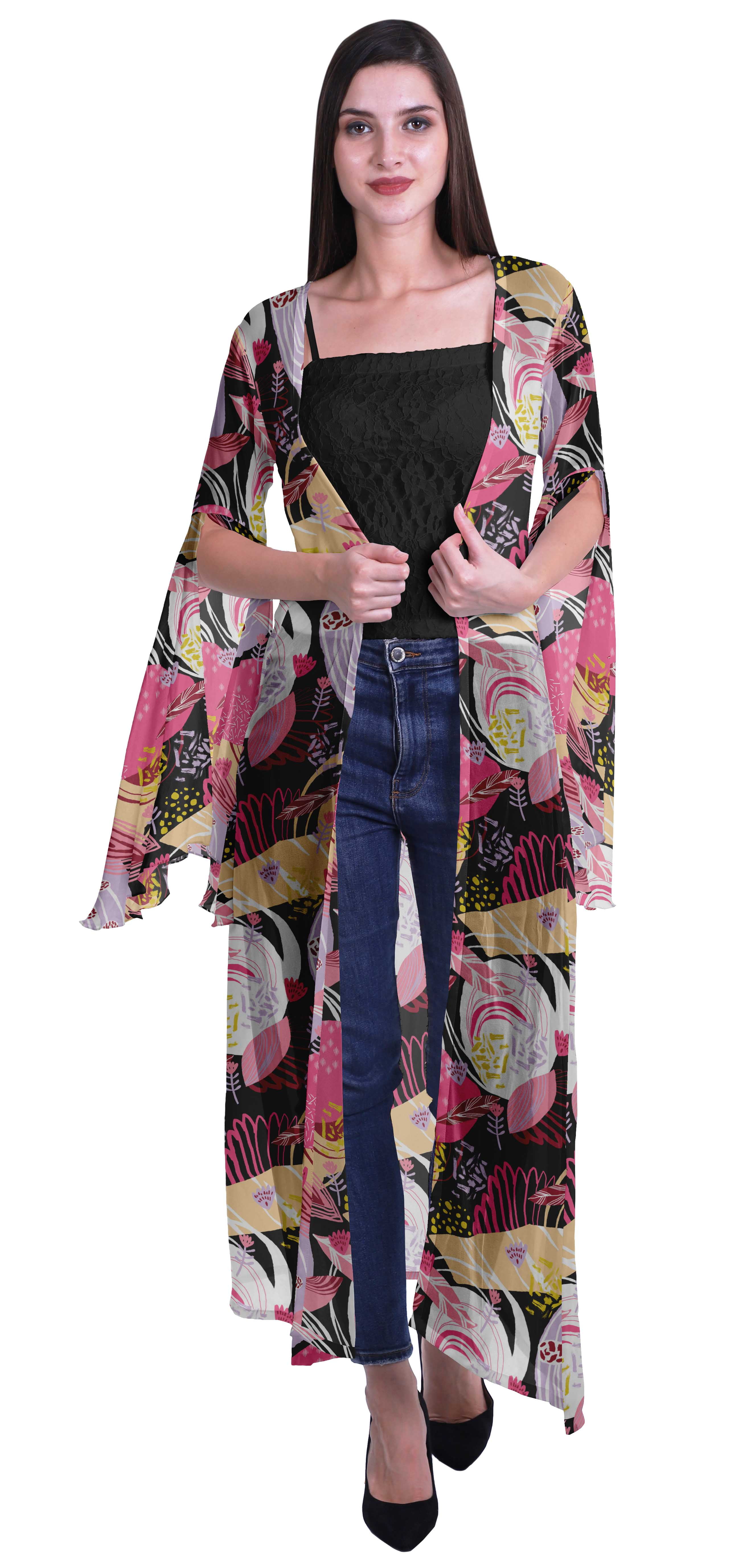 Moomaya Printed Georgette Beach Clothes For Women Long Shrug Cover Up ...