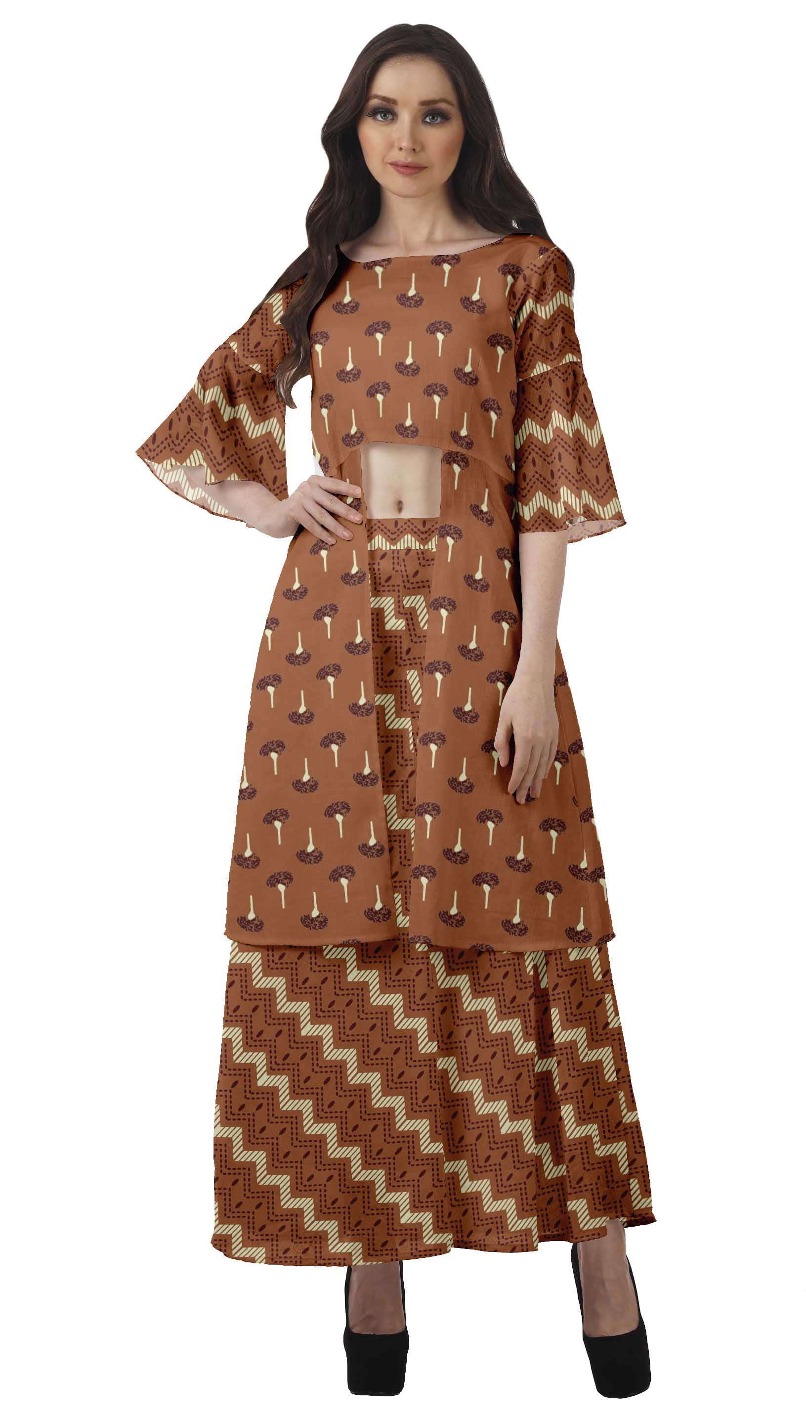 Moomaya Printed High Low Crop Top Kurti Palazzo Set Ethnic Indian ...