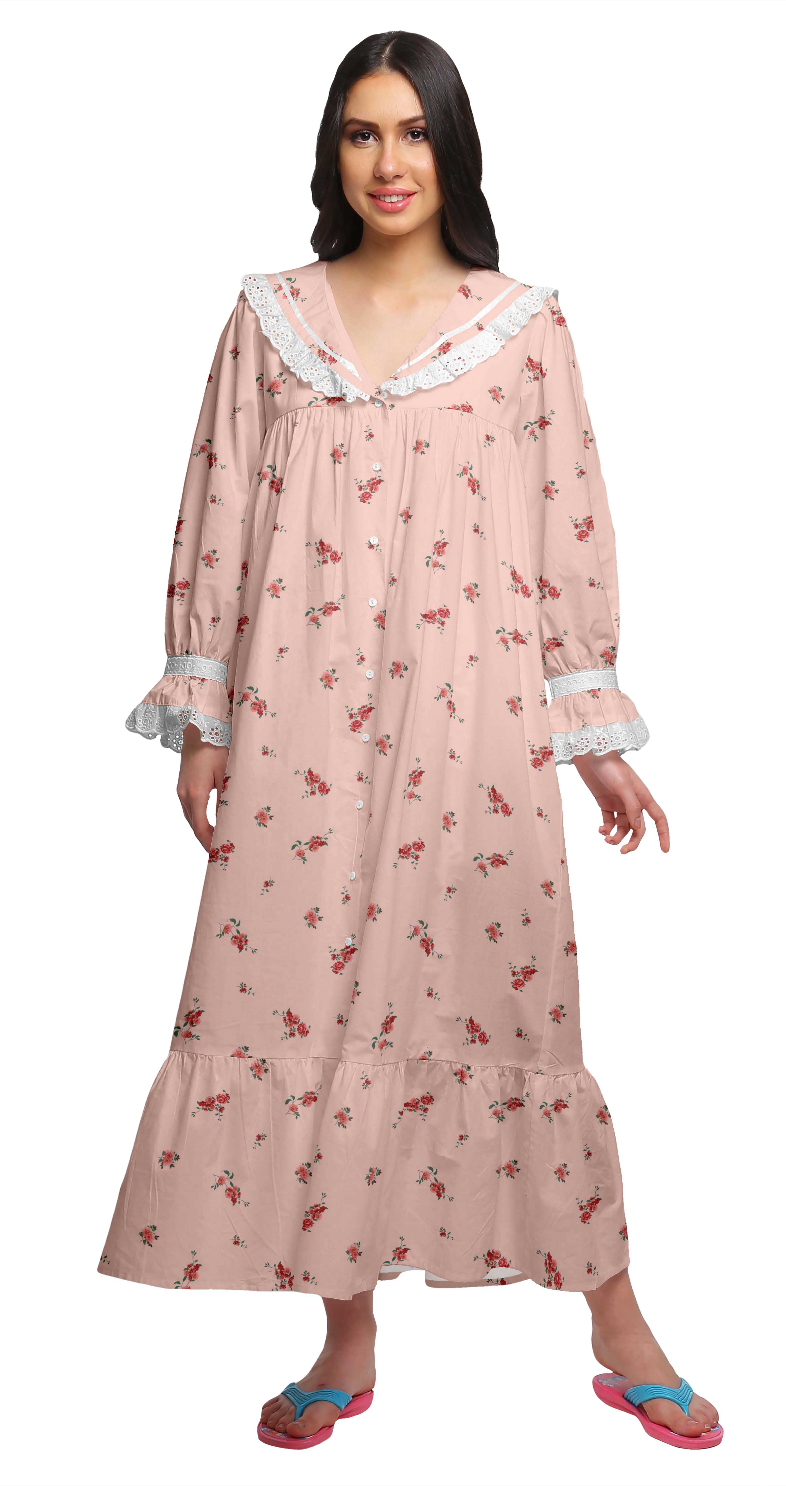 Moomaya Printed Nightdress For Ladies Cotton Ruffled Border Nursing ...