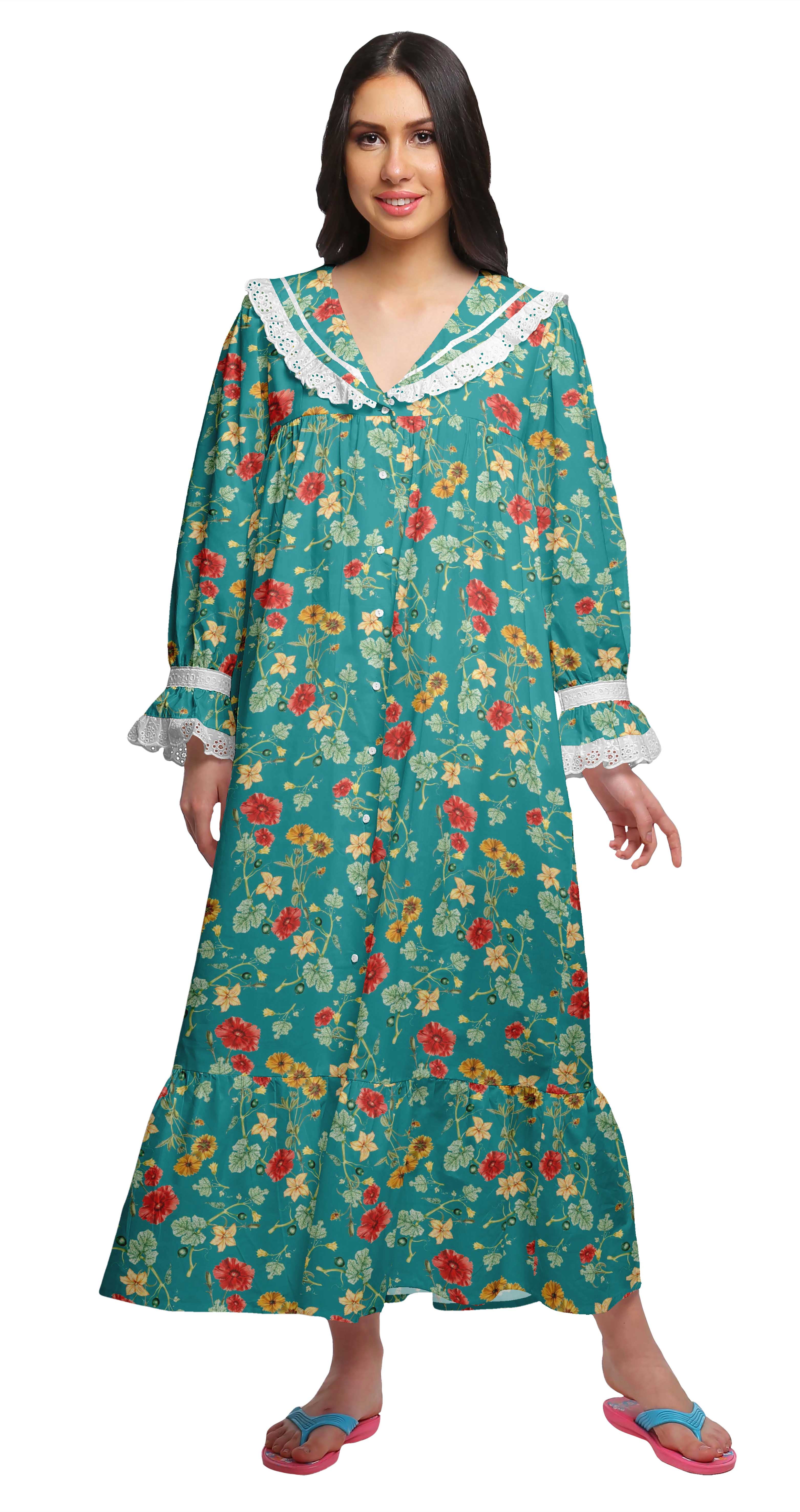 Moomaya Printed Nightdress For Ladies Cotton Ruffled Border Nursing ...