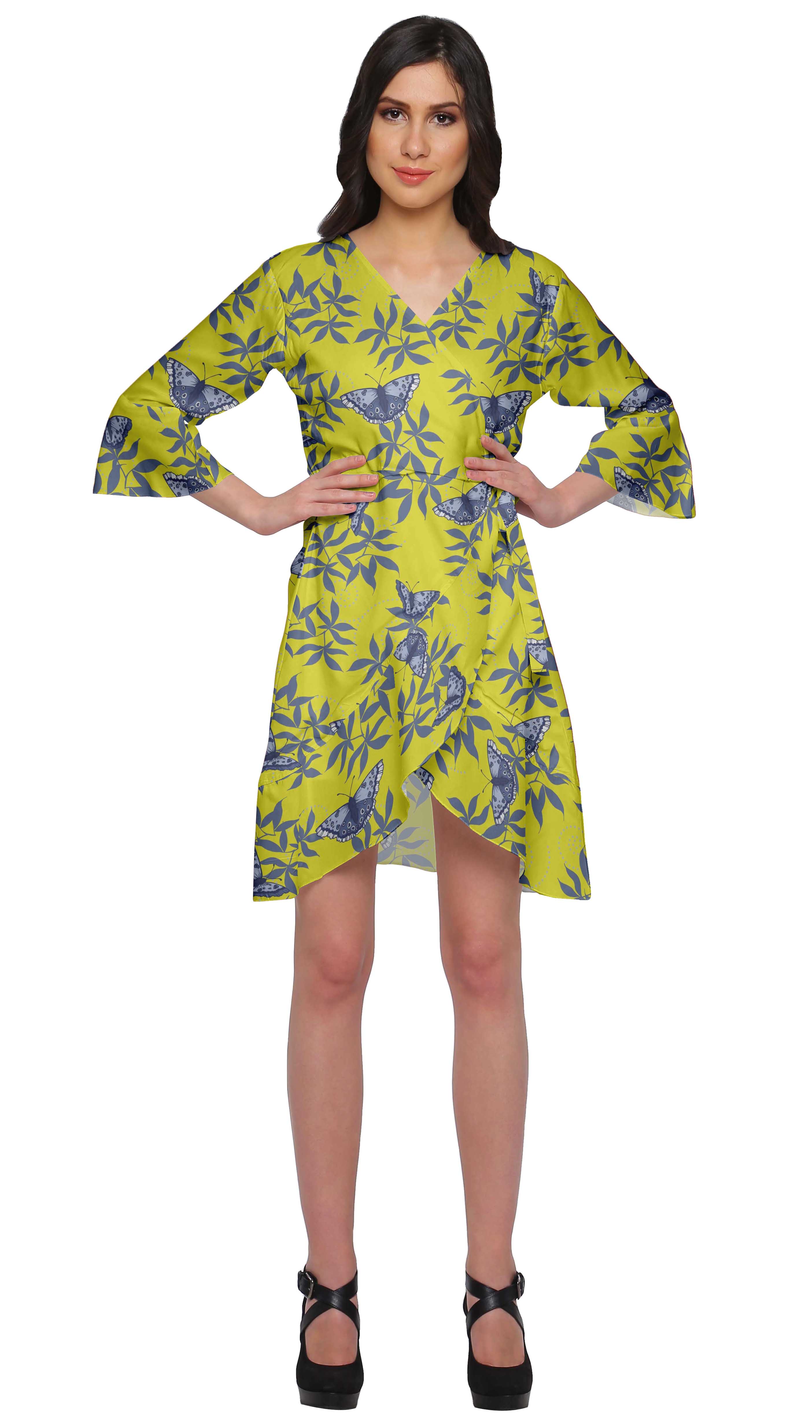 Moomaya Printed Short Ruffle Style Crossover Robe Bridesmaid Getting ...
