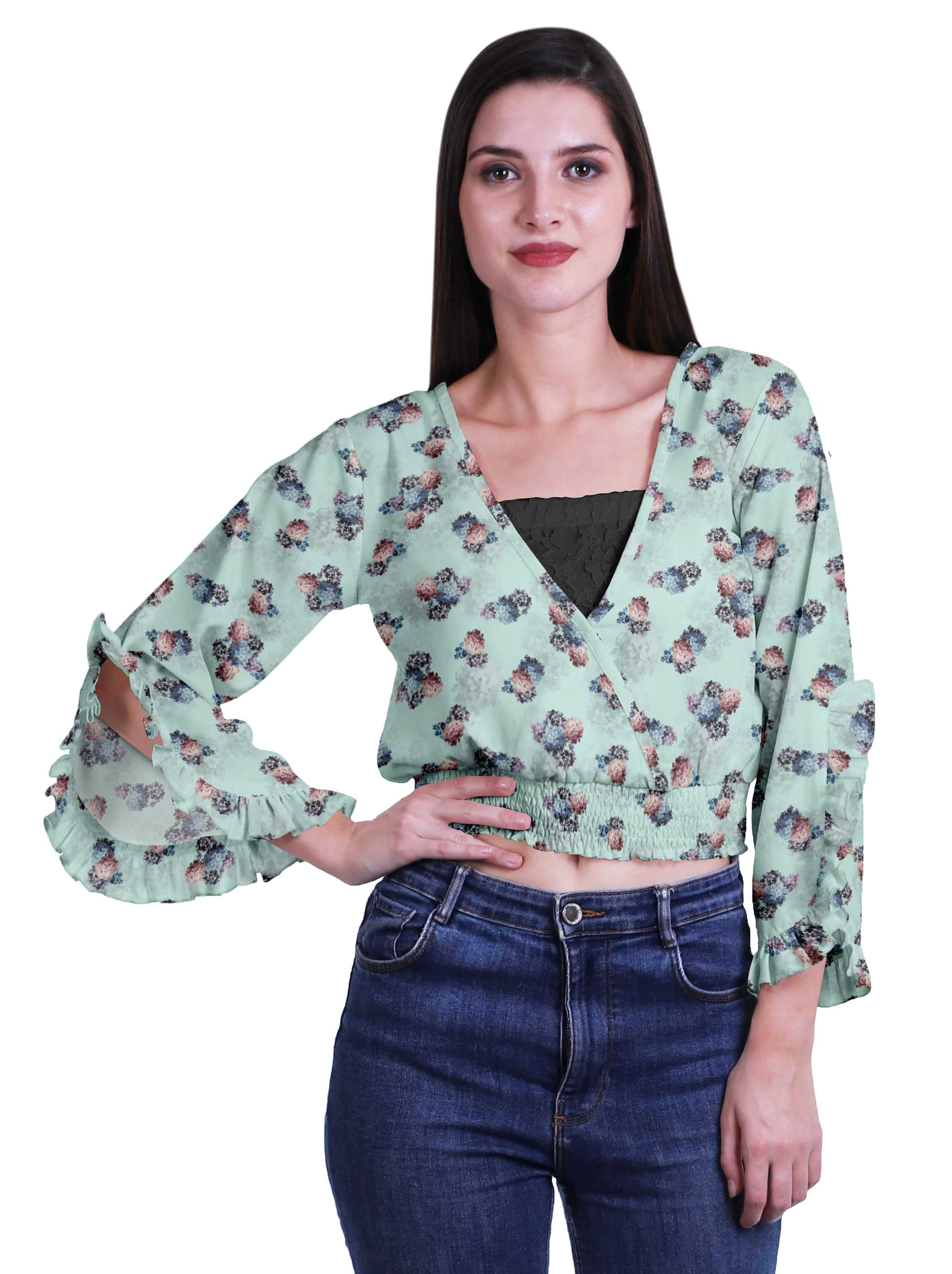 Moomaya Printed Womens Crop Top Wrap Style Top Wear Ruffle Long Sleeve ...
