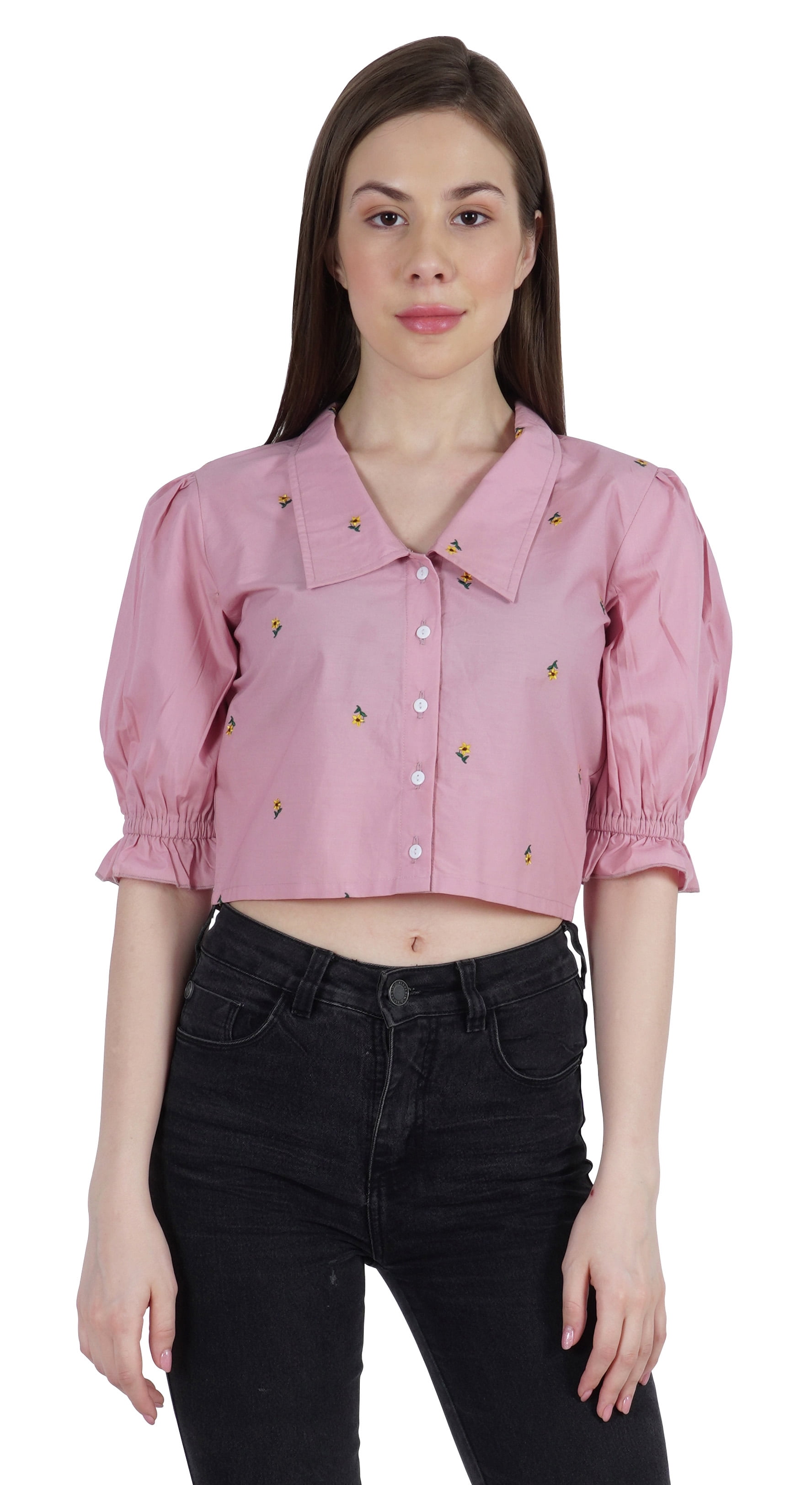 Moomaya Puff Sleeve Crop Top For Women Solid Button Down Collar ...
