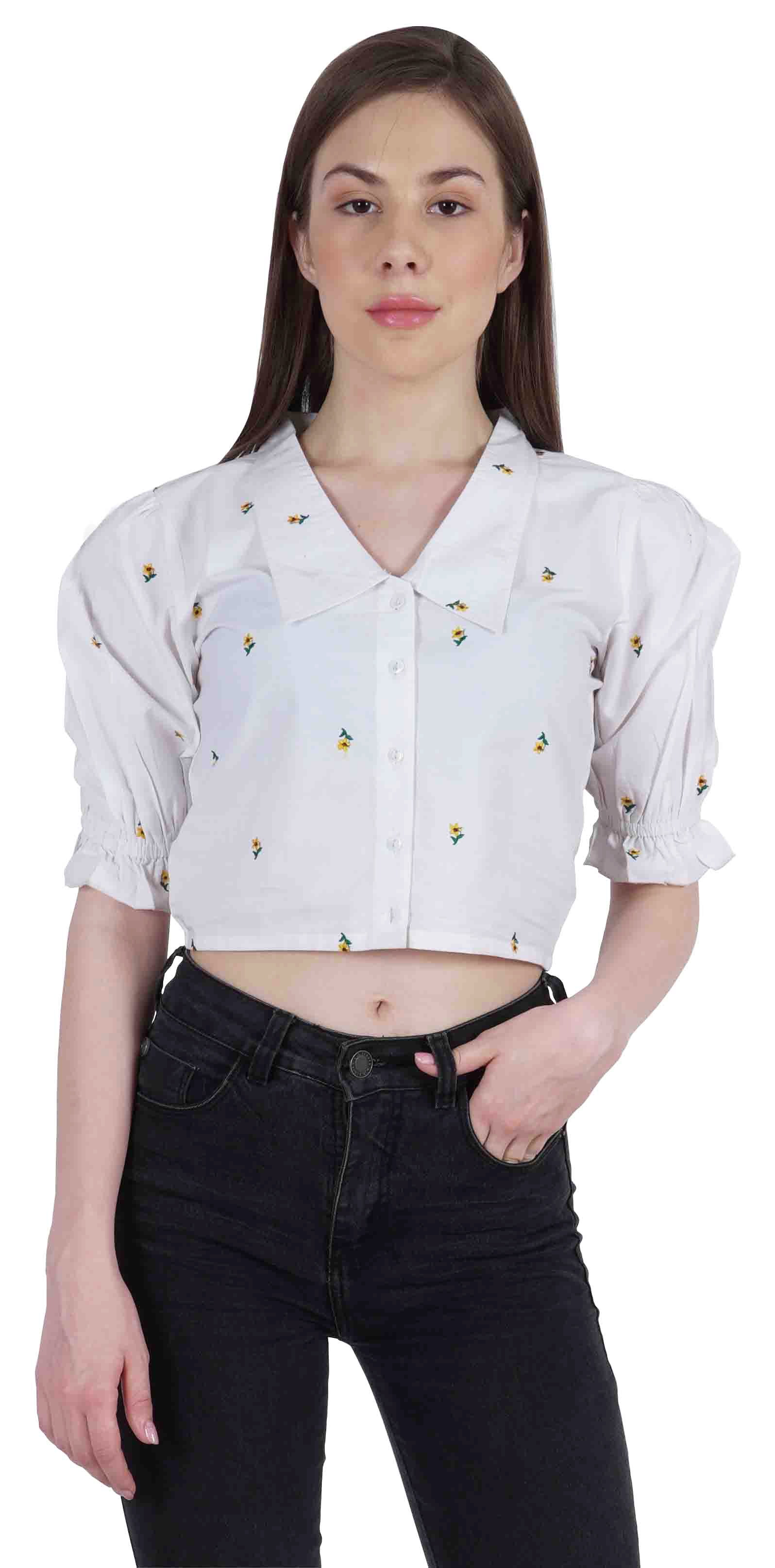 Moomaya Puff Sleeve Crop Top For Women Solid Button Down Collar ...