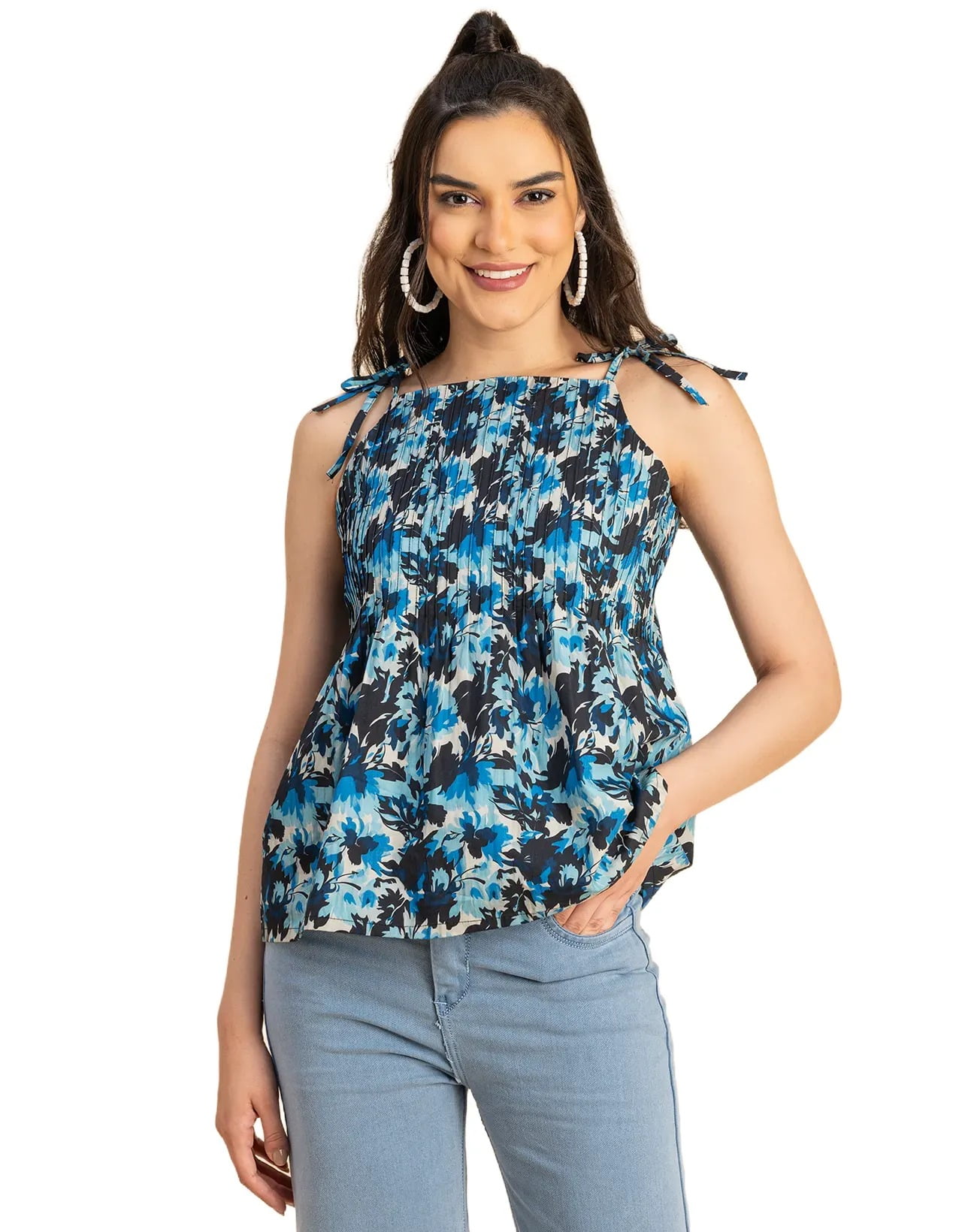 Moomaya Shoulder Straps Square Neck Pin Tucks Cotton Top - Women's ...