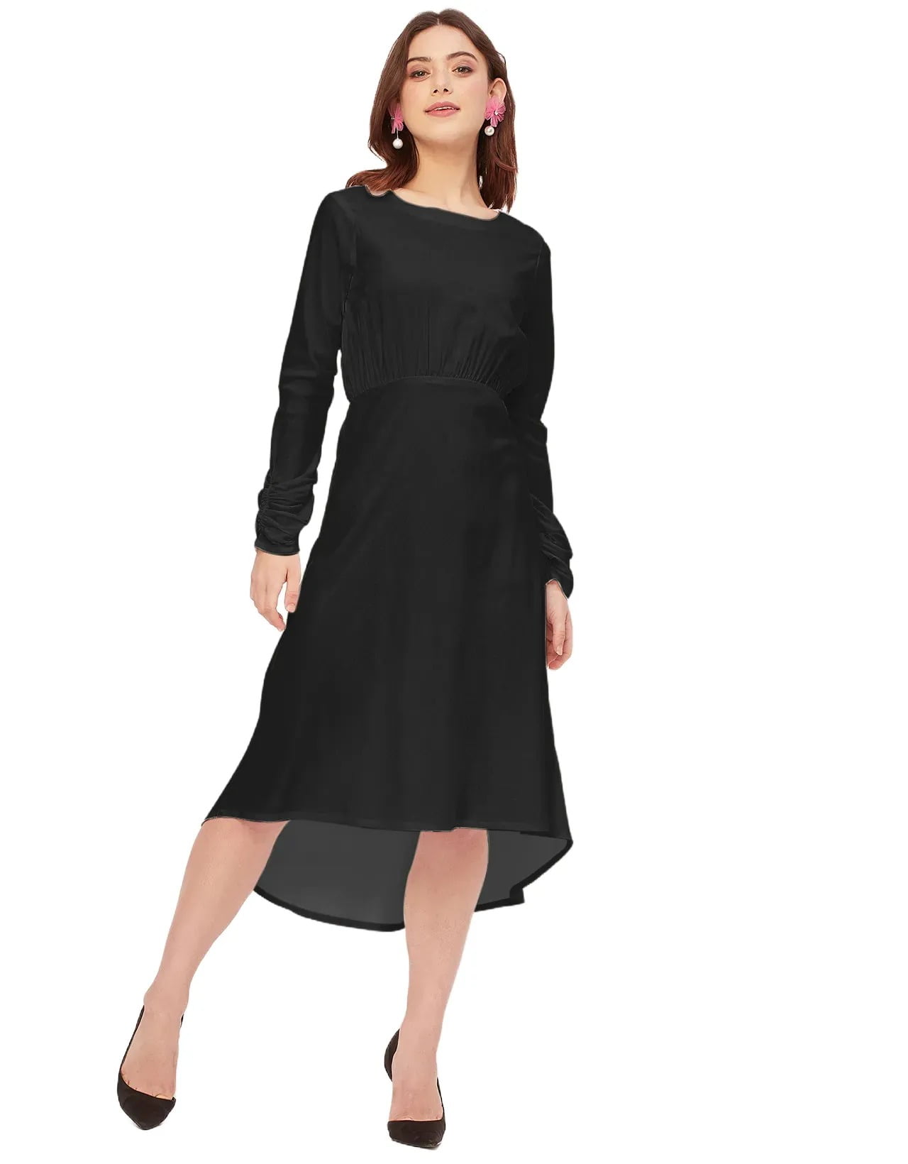 Moomaya Solid Rayon Long Sleeve Fit And Flare Dress Round Neck Casual