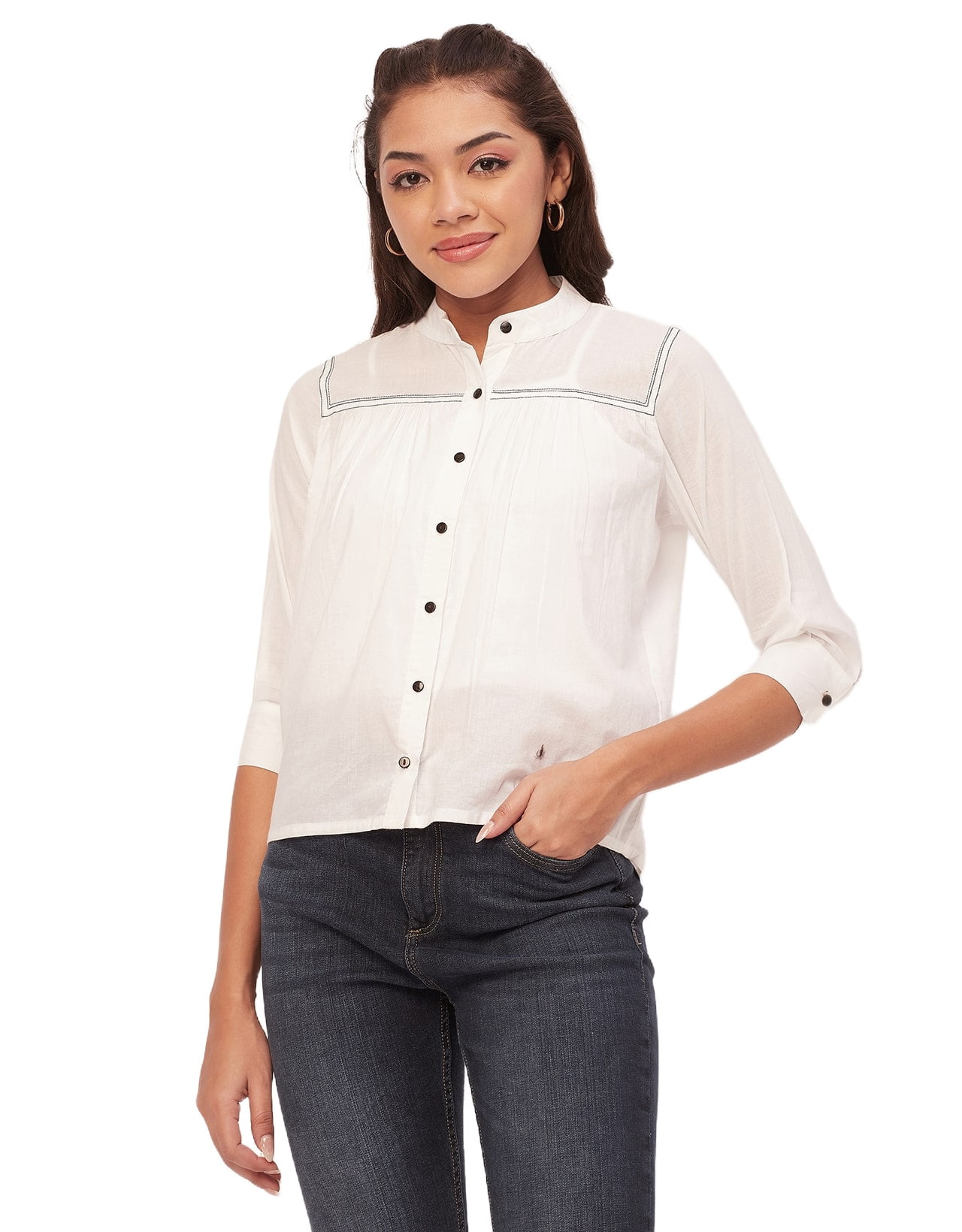 Moomaya Solid Shirts For Women, Mandarin Collar Button Down Cotton ...