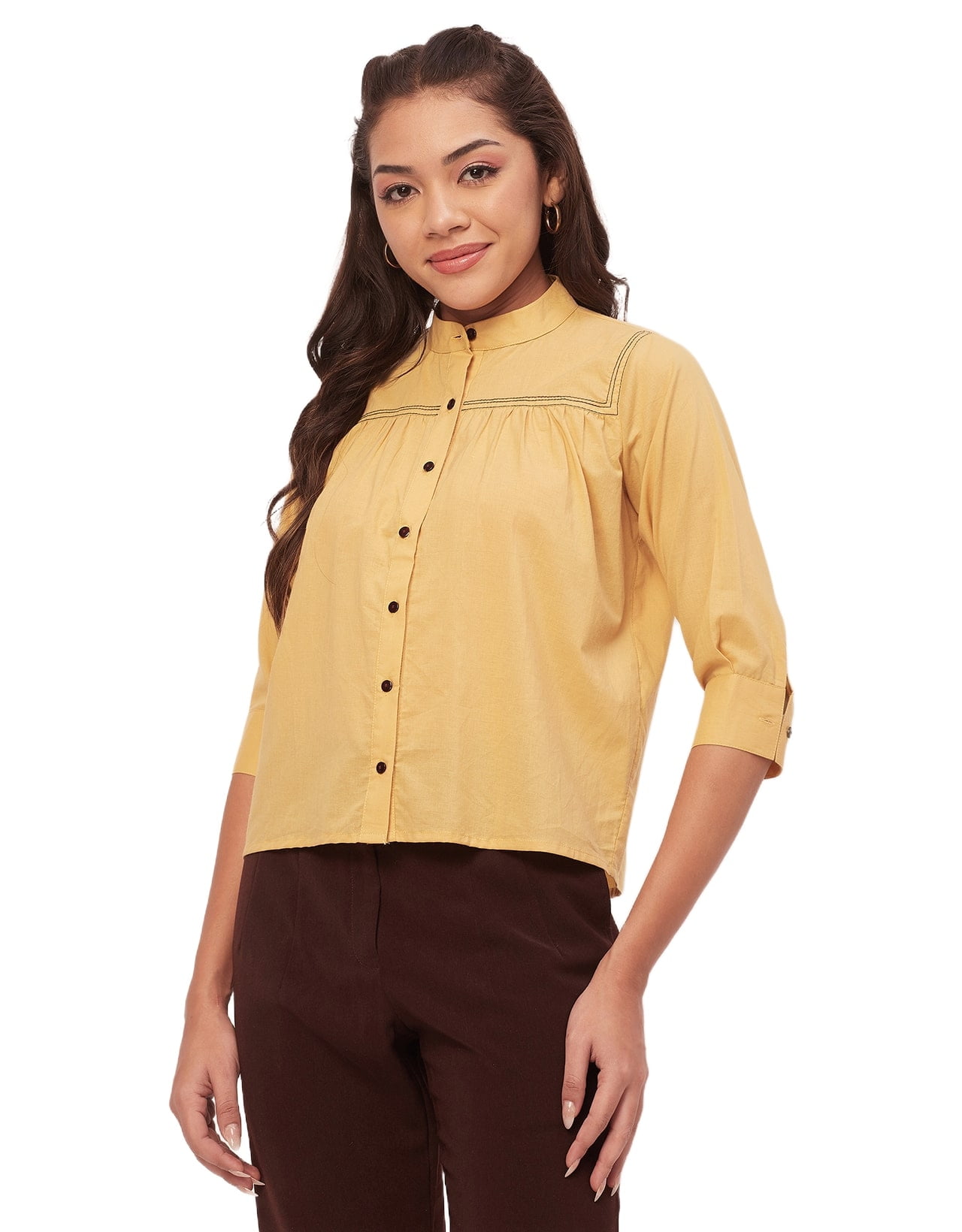 Moomaya Solid Shirts For Women, Mandarin Collar Button Down Cotton ...