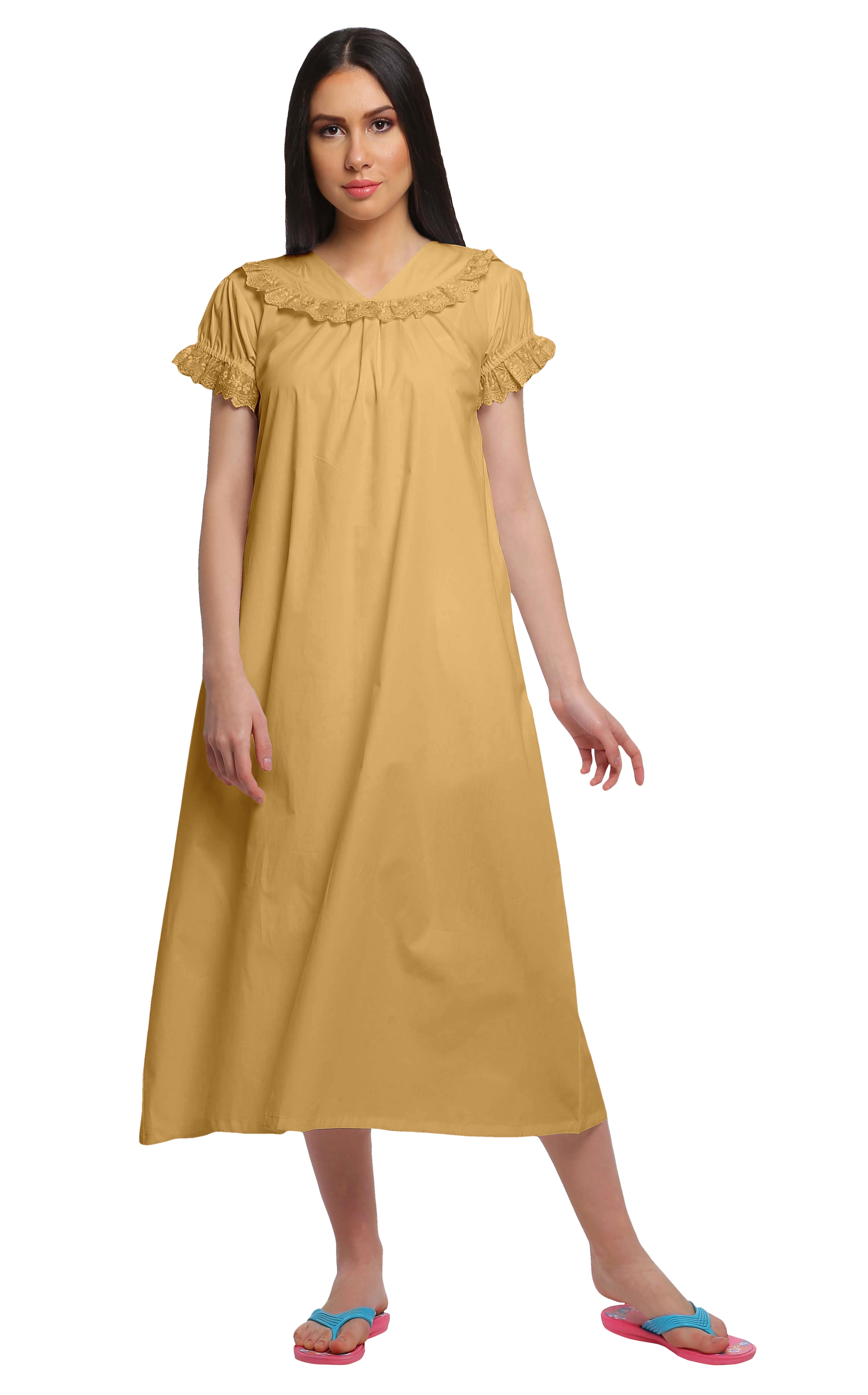 Moomaya Solid Short Sleeve Nightdress For Women Cotton Sleepwear Gown ...