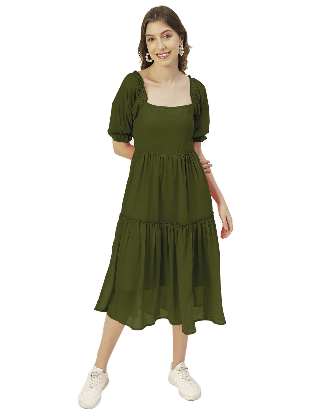 Moomaya Solid Square Neck Smocked Midi Dress, Poly Georgette Dresses ...