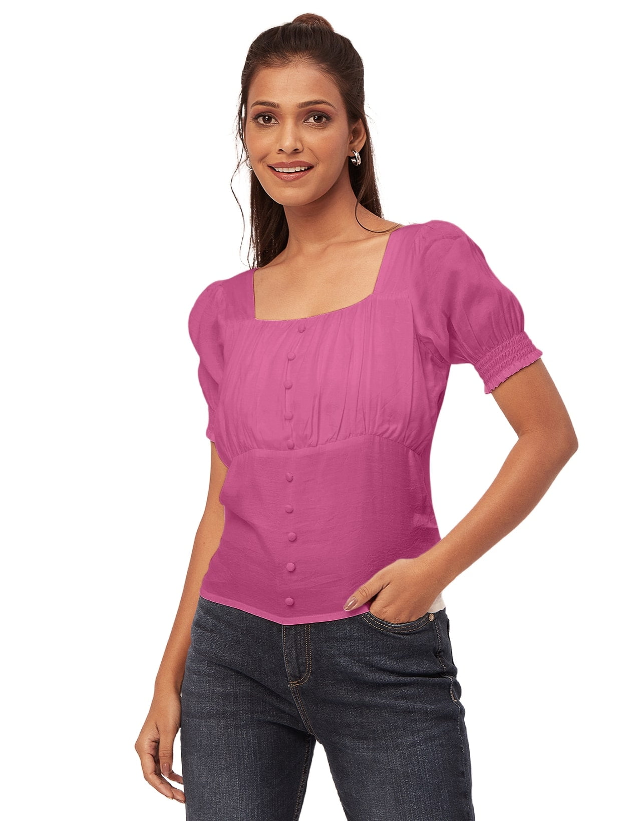 Moomaya Solid Tops For Women Square Neck Smart Chic Short Tops