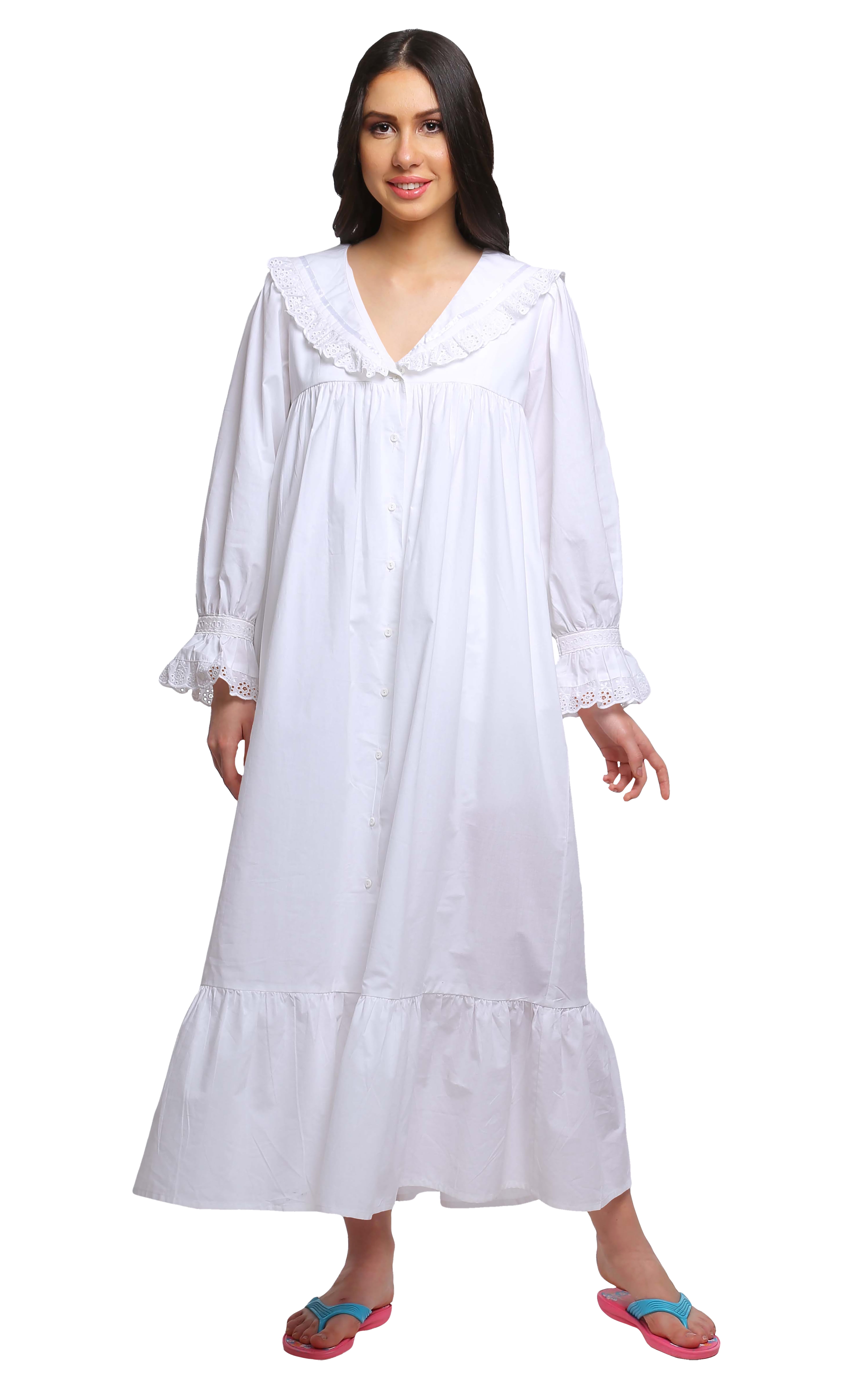 Moomaya Solid Women's Button Placket Mid Calf Length Nightdress Cotton ...