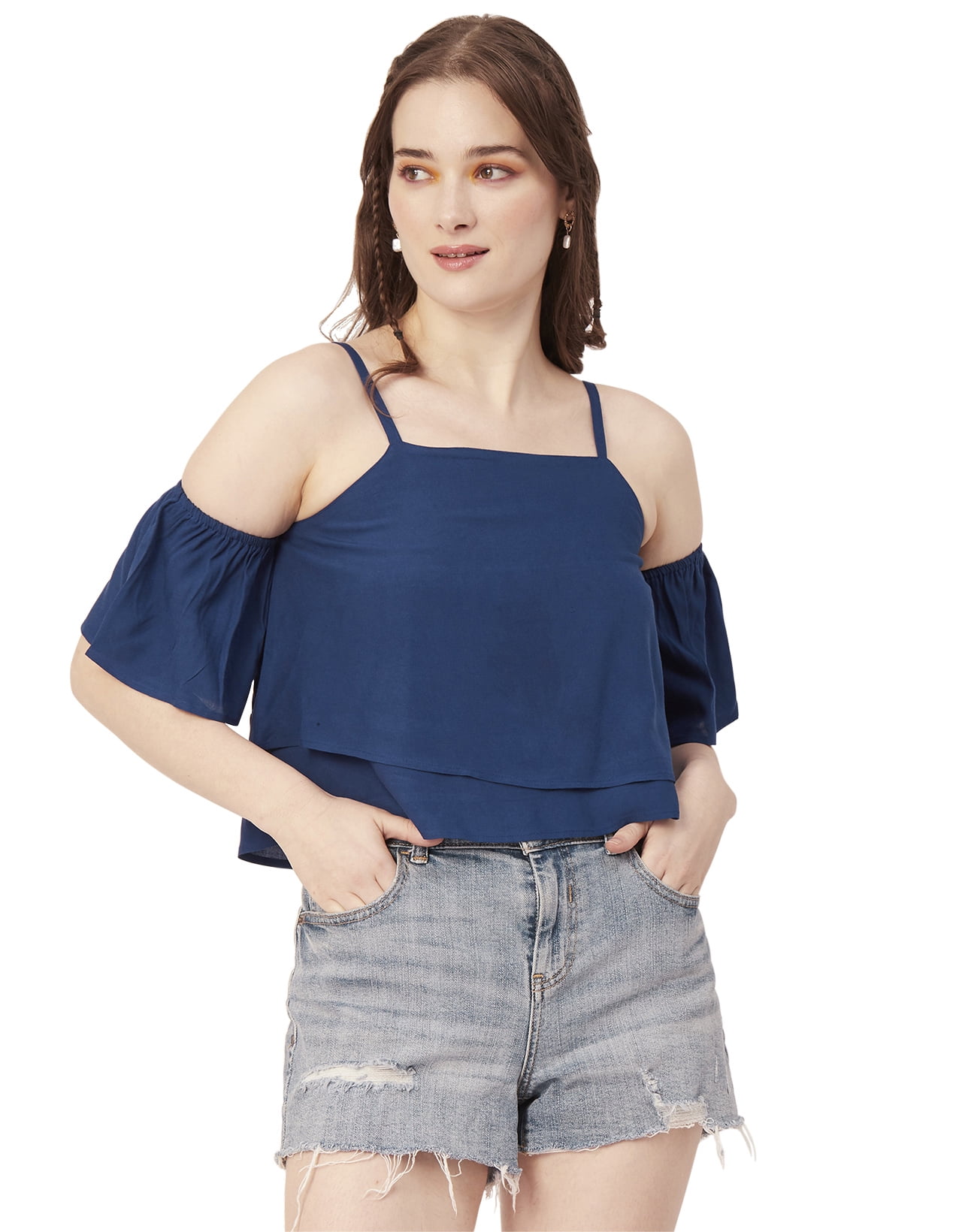 Moomaya Women Printed Off Shoulder Viscose Top, Ruffled Summer Crop Top ...