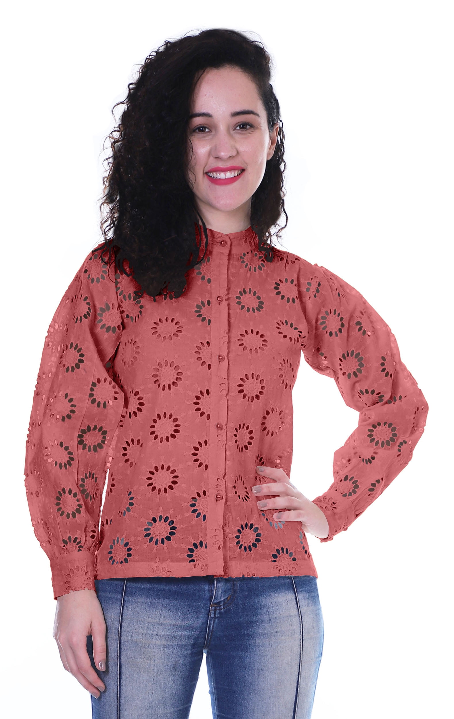 Moomaya Womens Button Down Top Solid Schiffli Cotton Full Sleeve Casual Summer Kurta Shirt ...