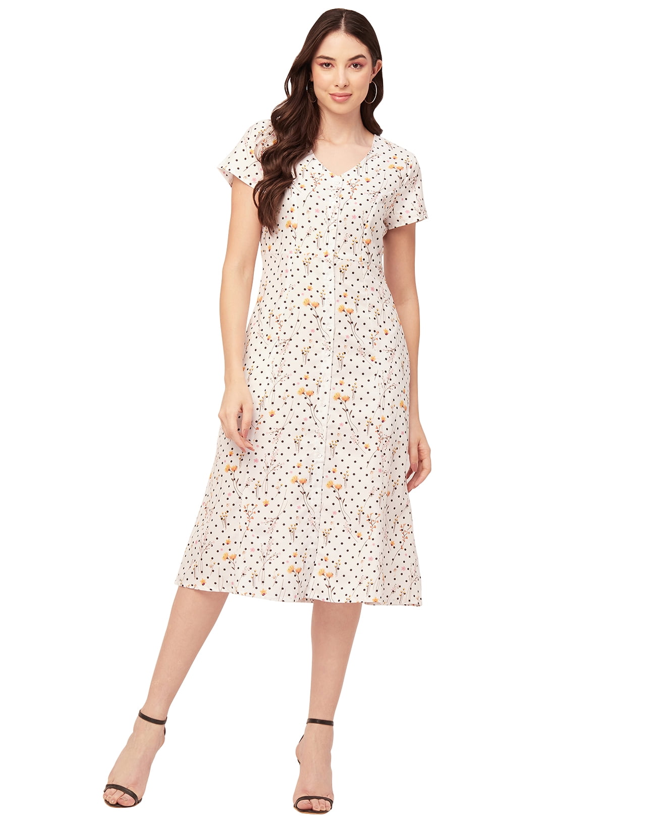 Moomaya Womens Printed Button Down Dress V Neck Short Sleeve Midi Dress ...